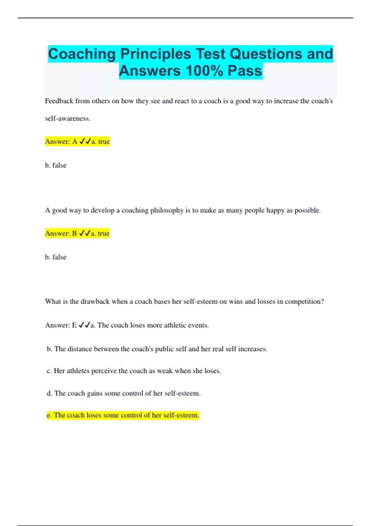 Coaching Principles Test Questions and Answers 100% Pass - Coaching ...