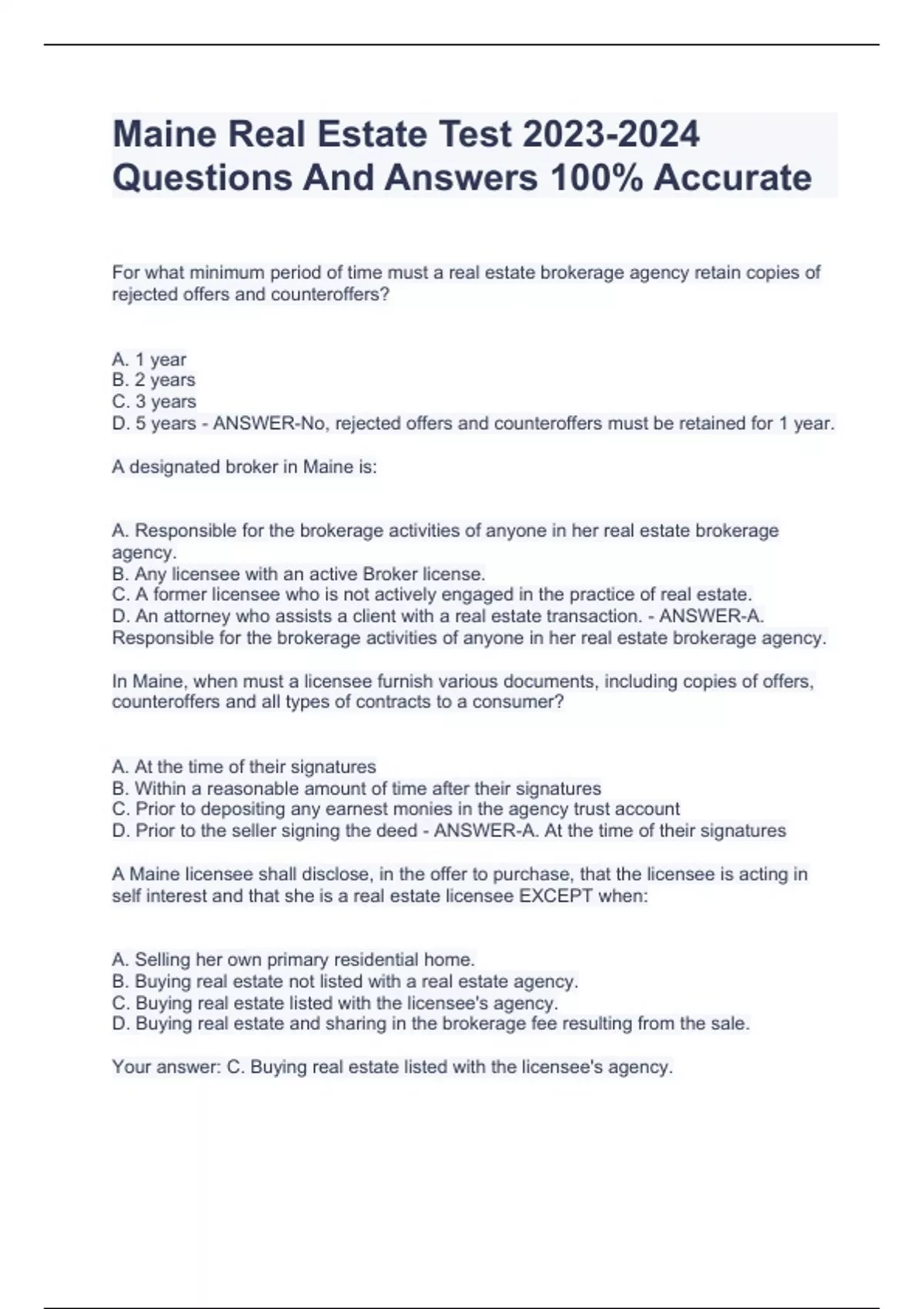 Maine Real Estate Test Questions And Answers 100% Accurate - Maine Real ...