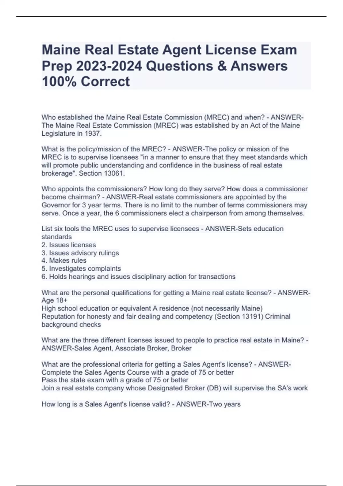 Maine Real Estate Agent License Exam Prep Questions & Answers 100% ...