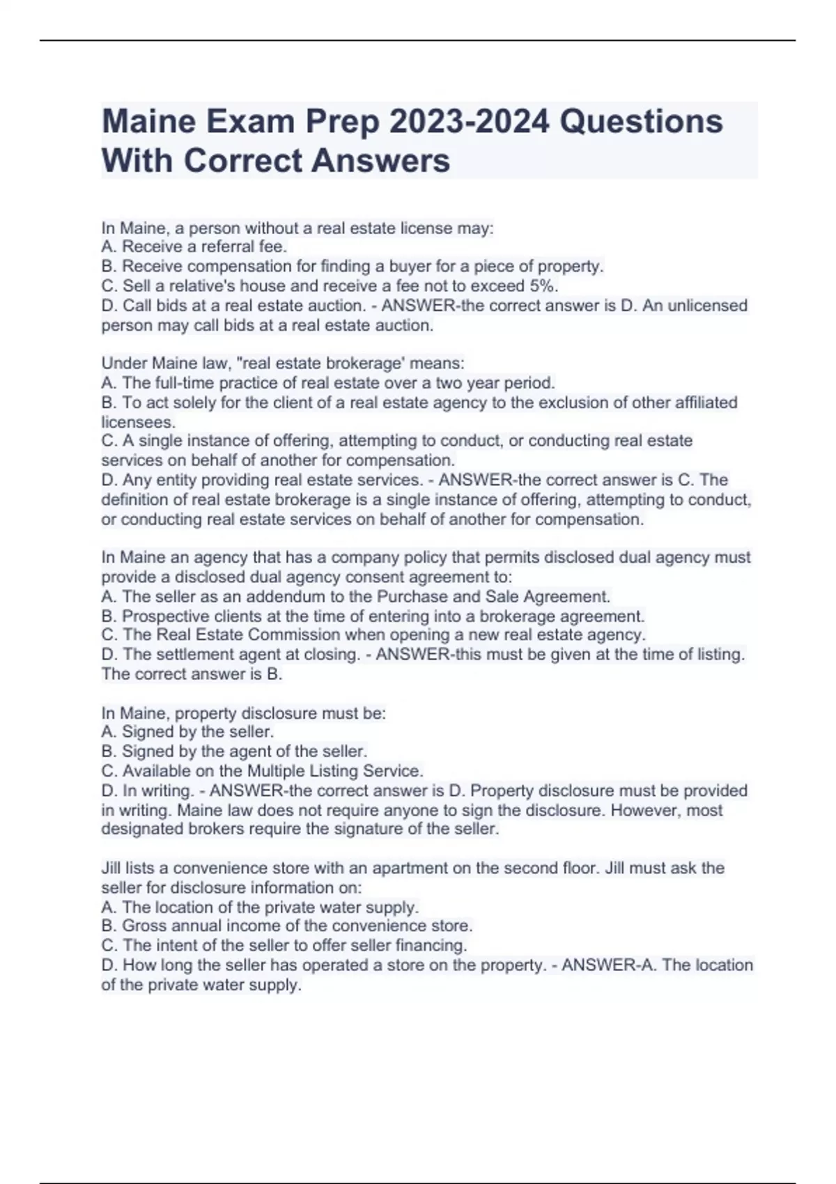 Maine Exam Prep Questions With Correct Answers - Maine - Stuvia FR