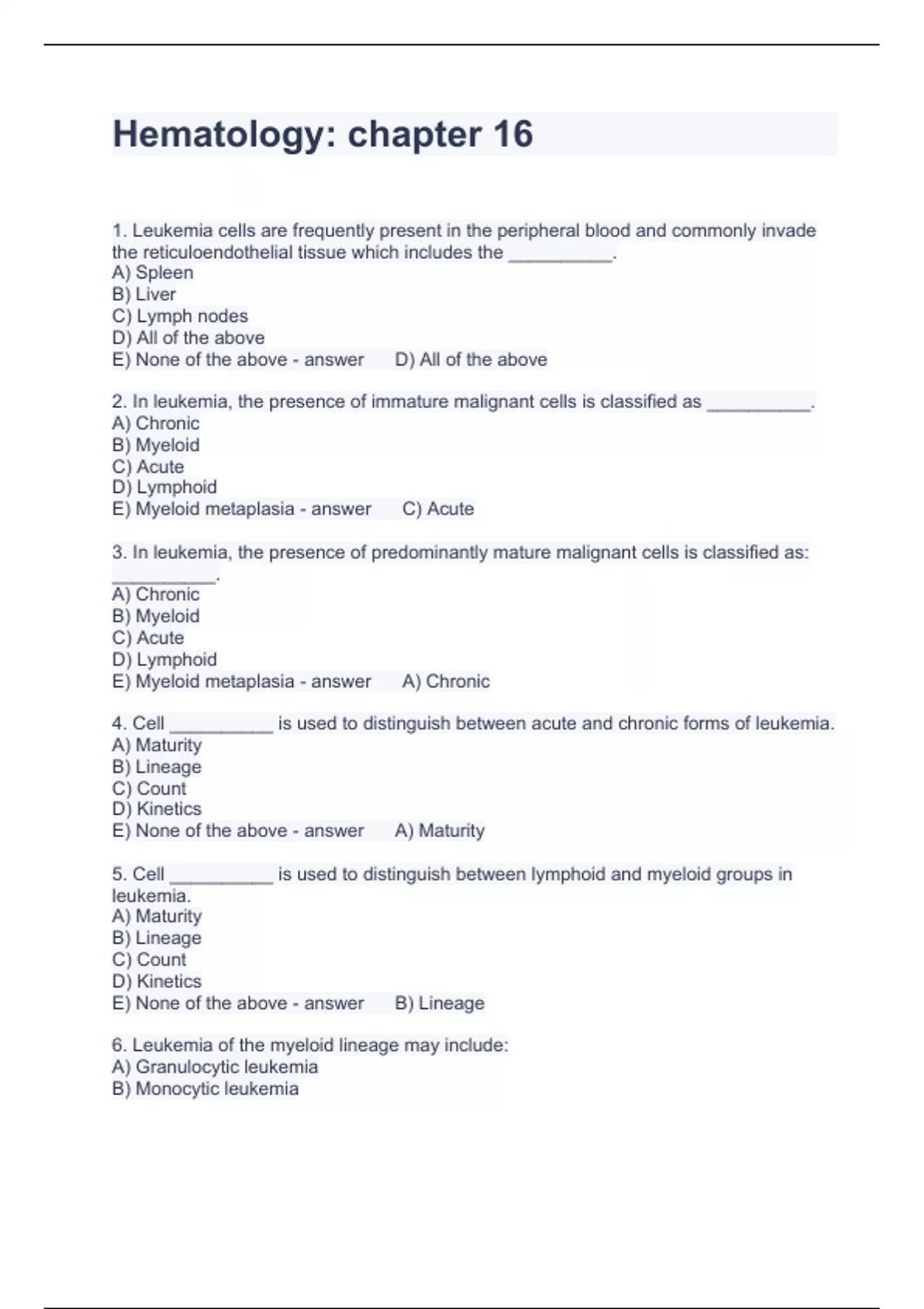 Hematology Questions with correct Answers - SBB - Stuvia US