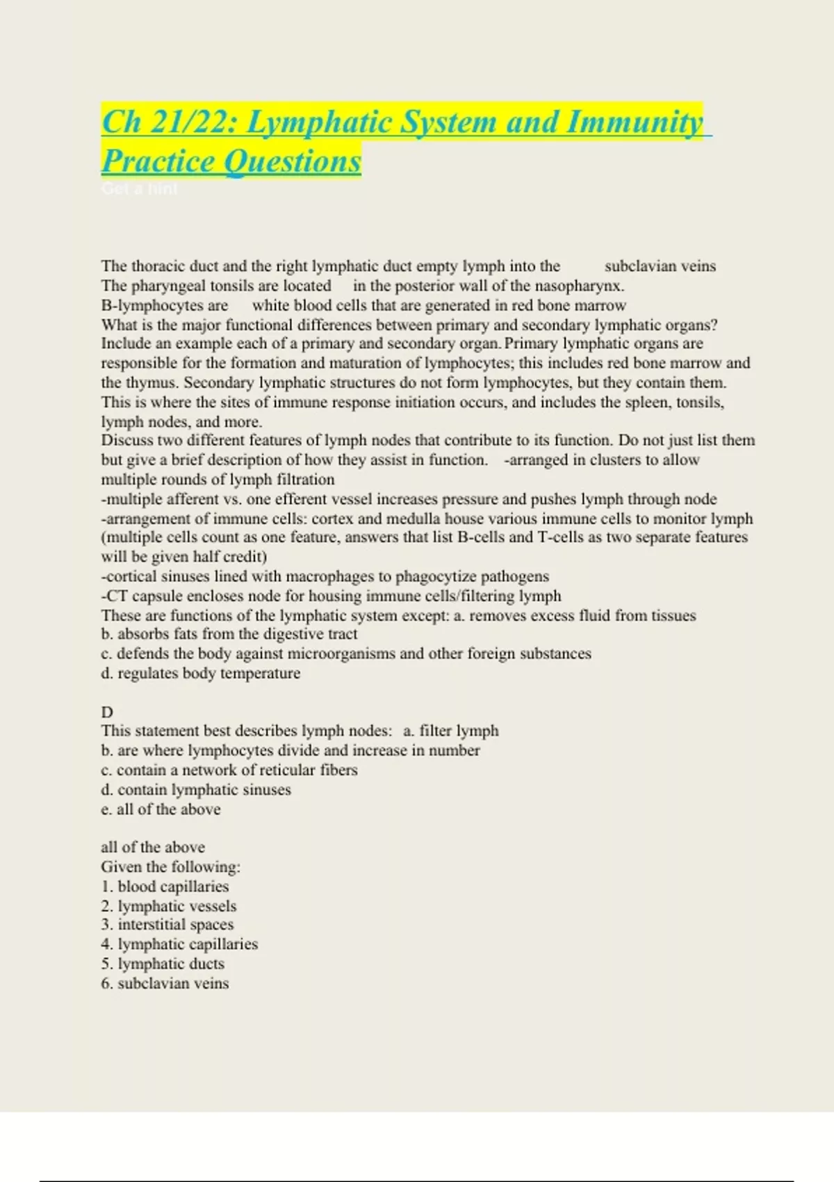 Lymphatic System and Immunity Practice and answers - Ch 21/22 ...