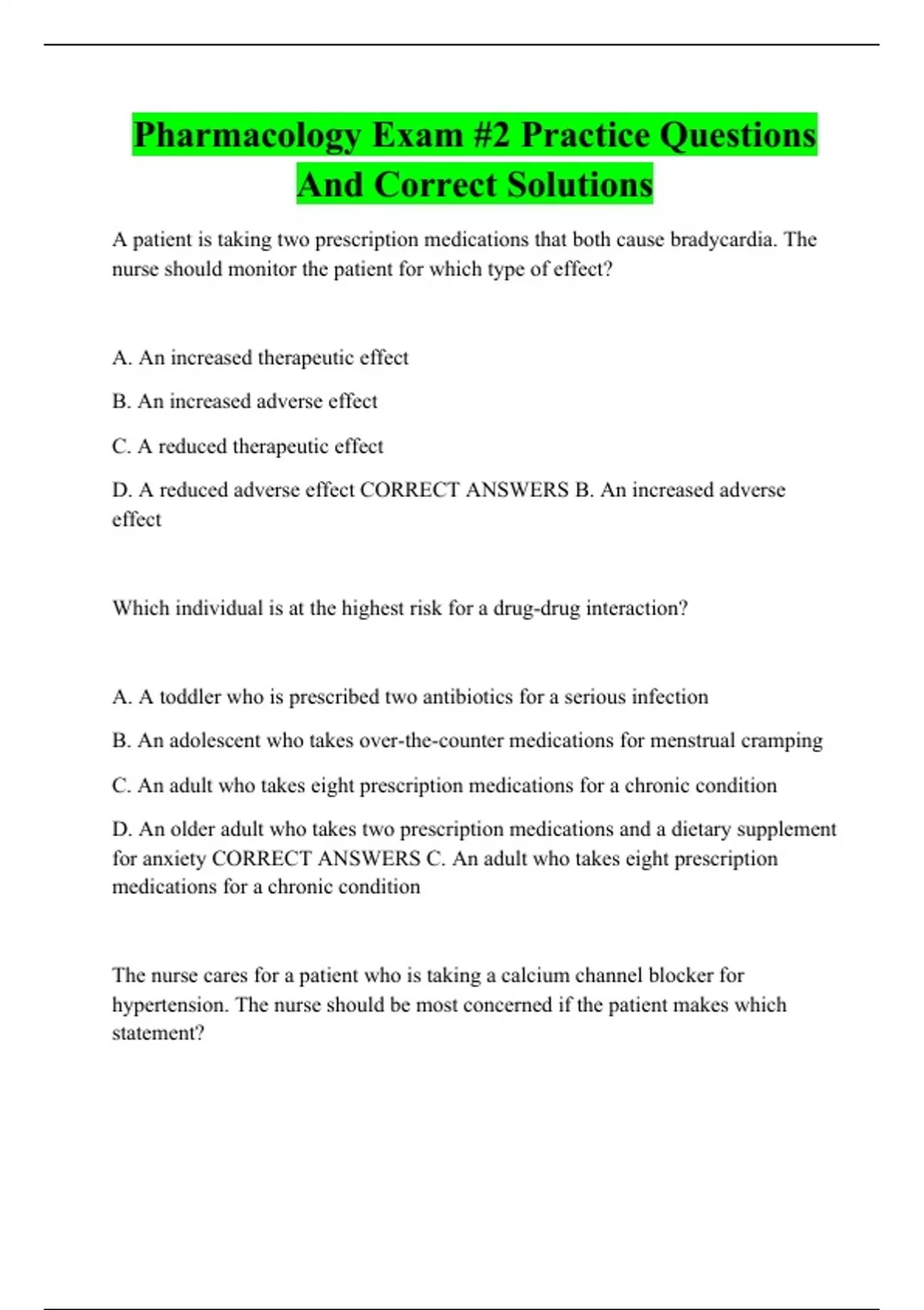 Pharmacology Exam #2 Practice Questions And Correct Solutions - Nursing ...