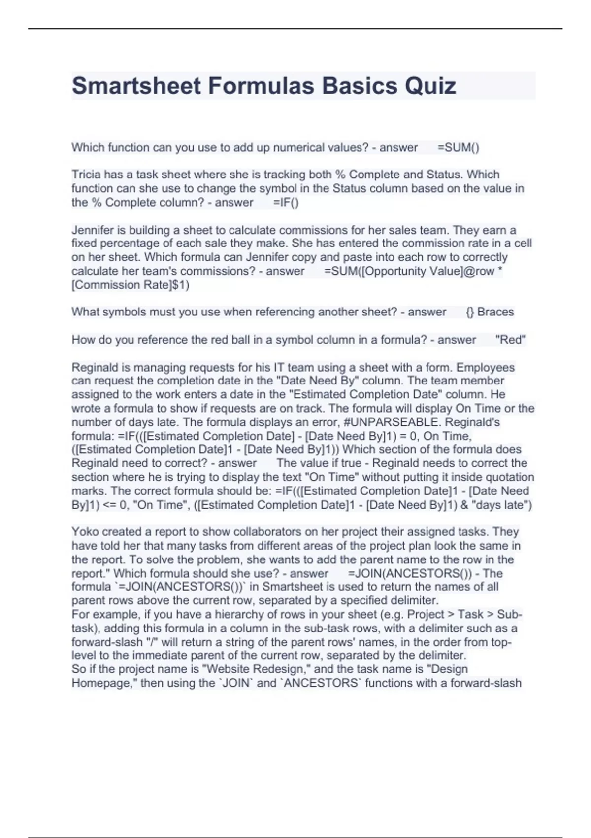 Smartsheet Formulas Basics Quiz Questions with correct Answers - Smartsheet - Stuvia US