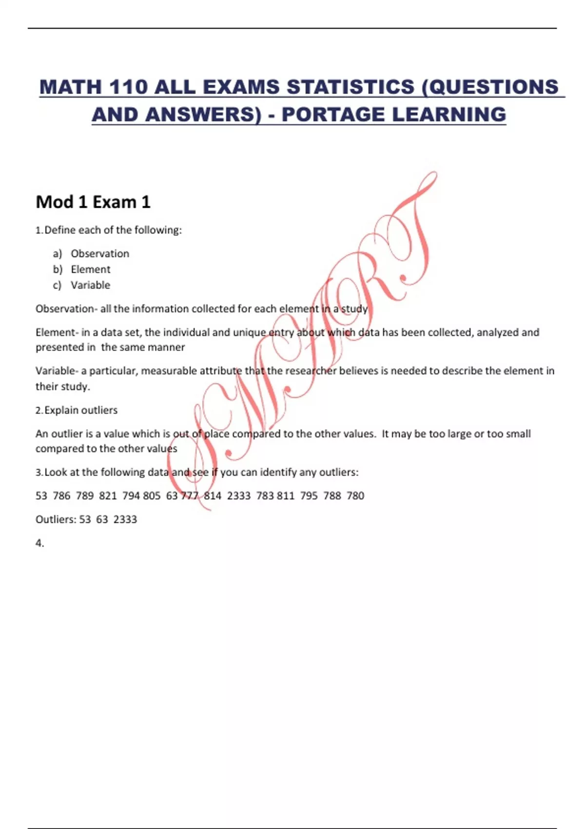 Math 110 All Exams Statistics Questions With Correct Answers Portage Learning 2023 Health