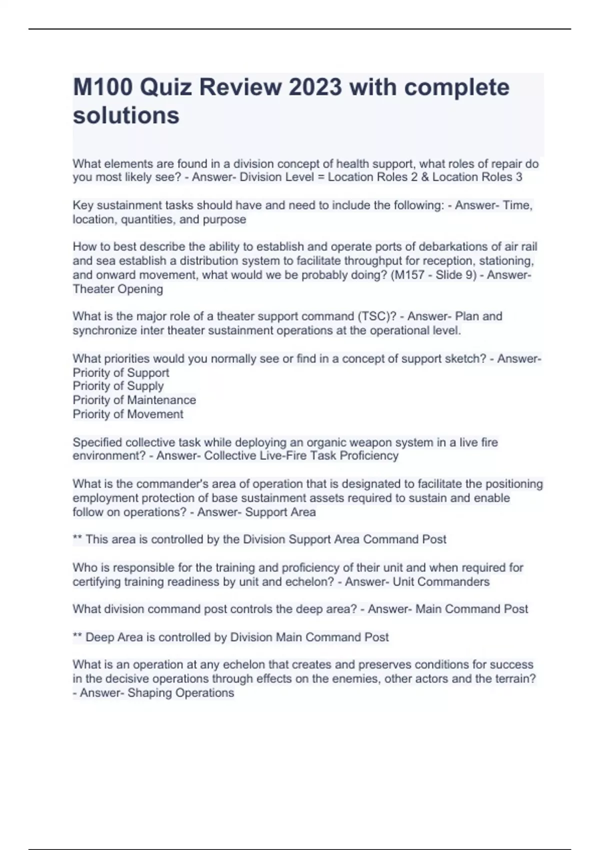 M100 Quiz Review 2023 with complete solutions - M100 - Stuvia US