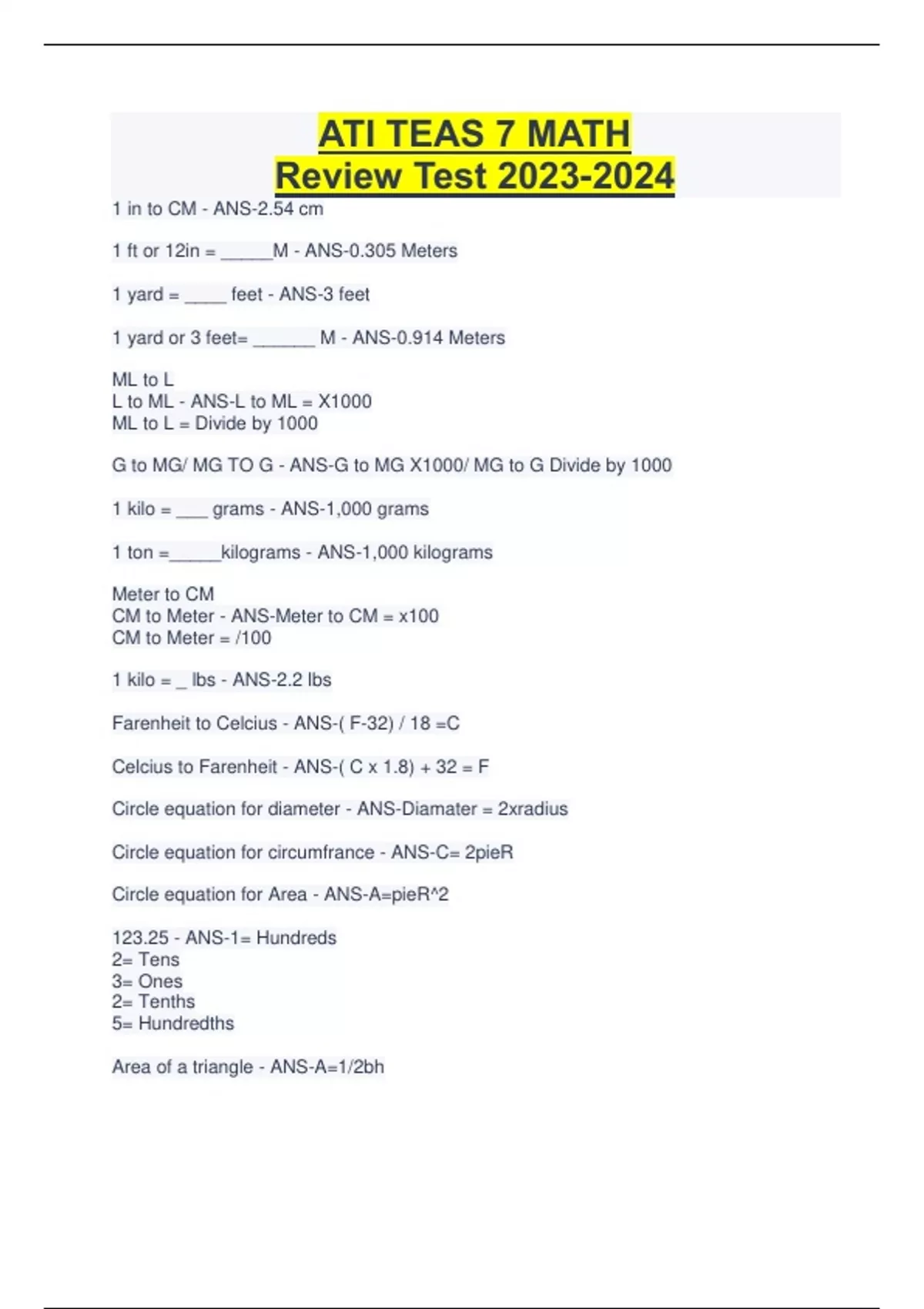 ATI TEAS 7 MATH Review Test - ATI TEAS 7 - Stuvia US