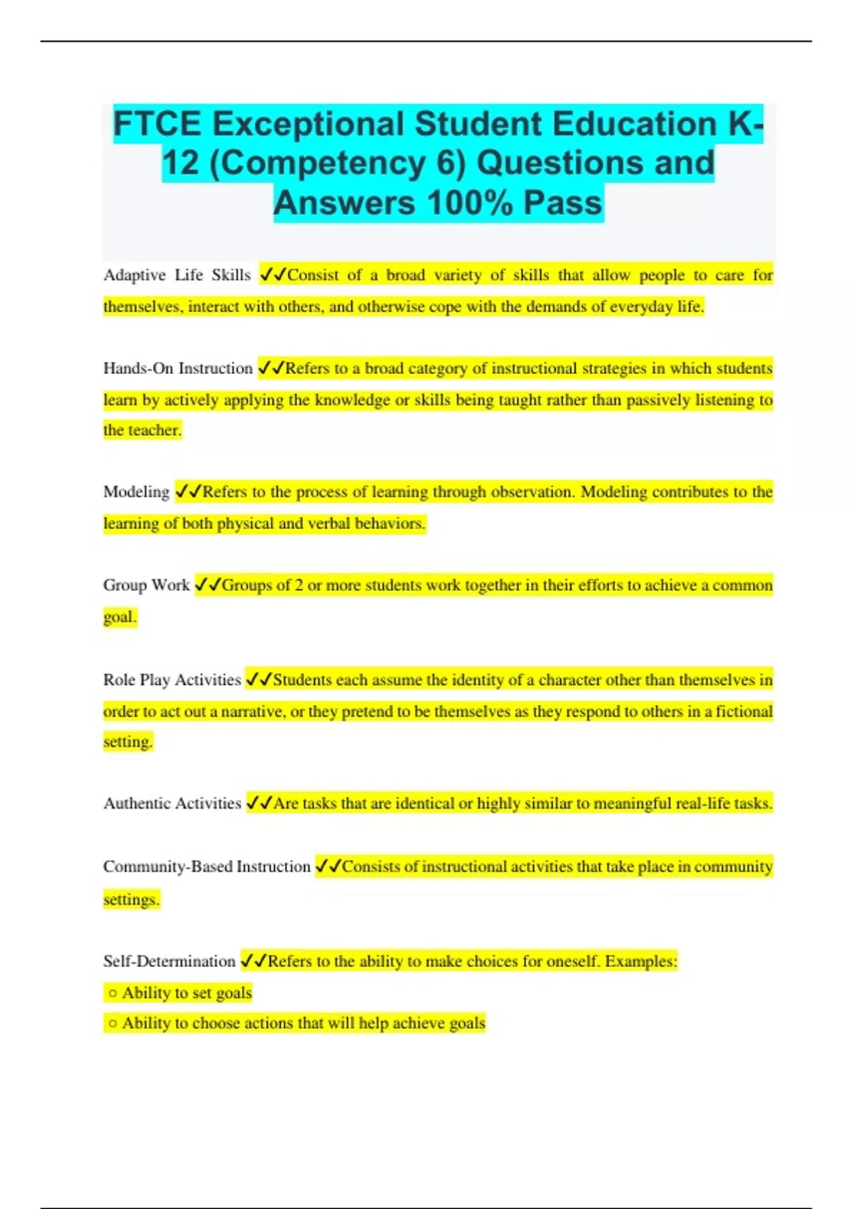 FTCE Exceptional Student Education K- 12 (Competency 6) Questions and ...