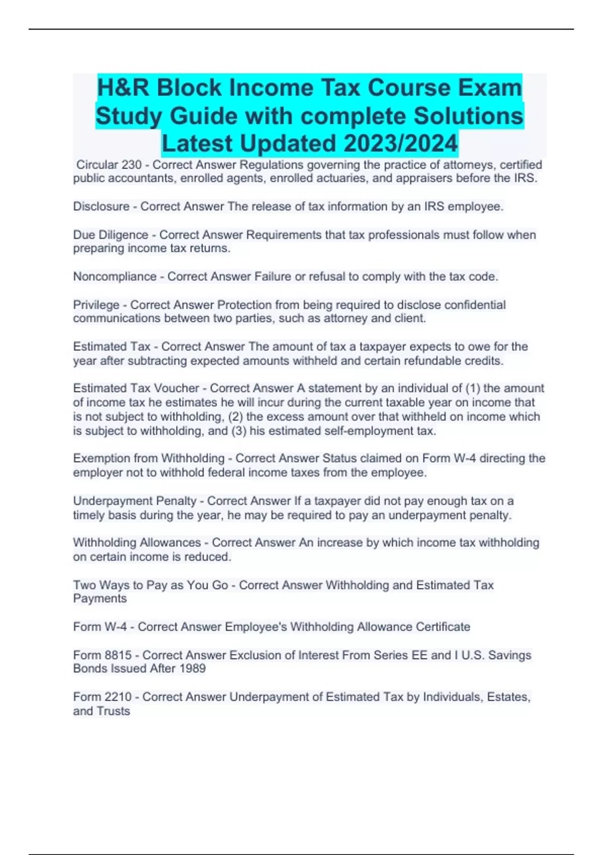 H&R Block Income Tax Course Exam Study Guide with complete Solutions ...