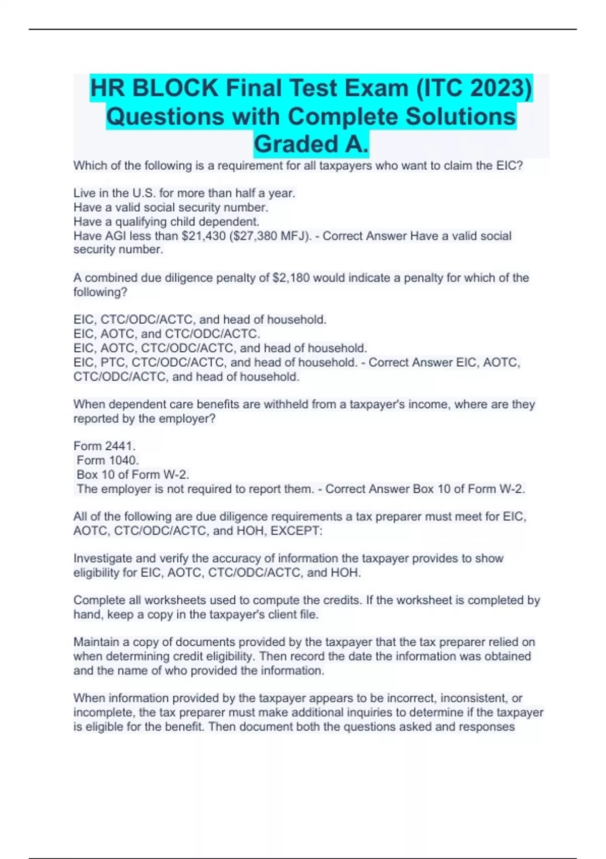 HR BLOCK Final Test Exam (ITC 2023) Questions with Complete Solutions ...