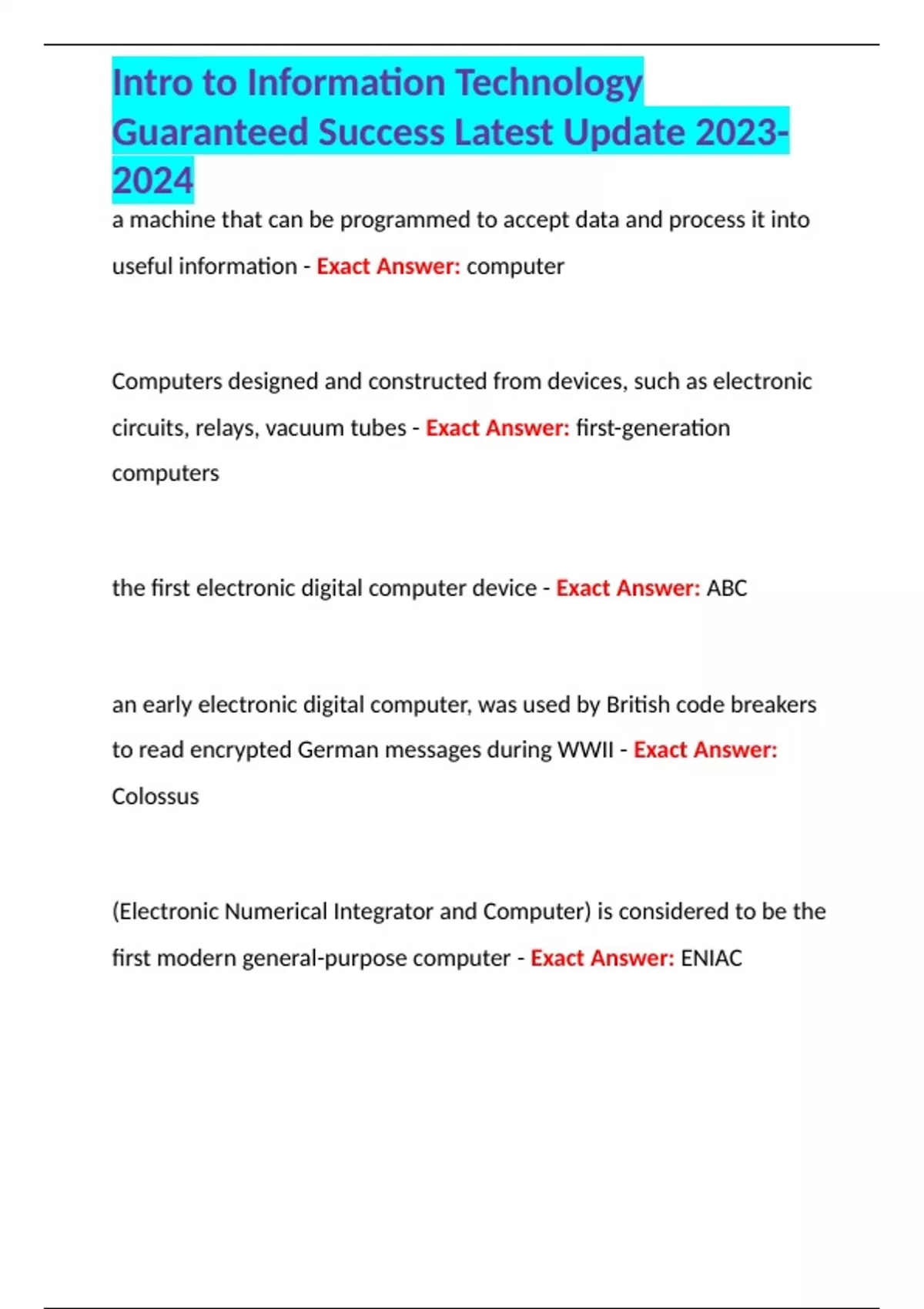 Intro to Information Technology Guaranteed Success Latest Update ...