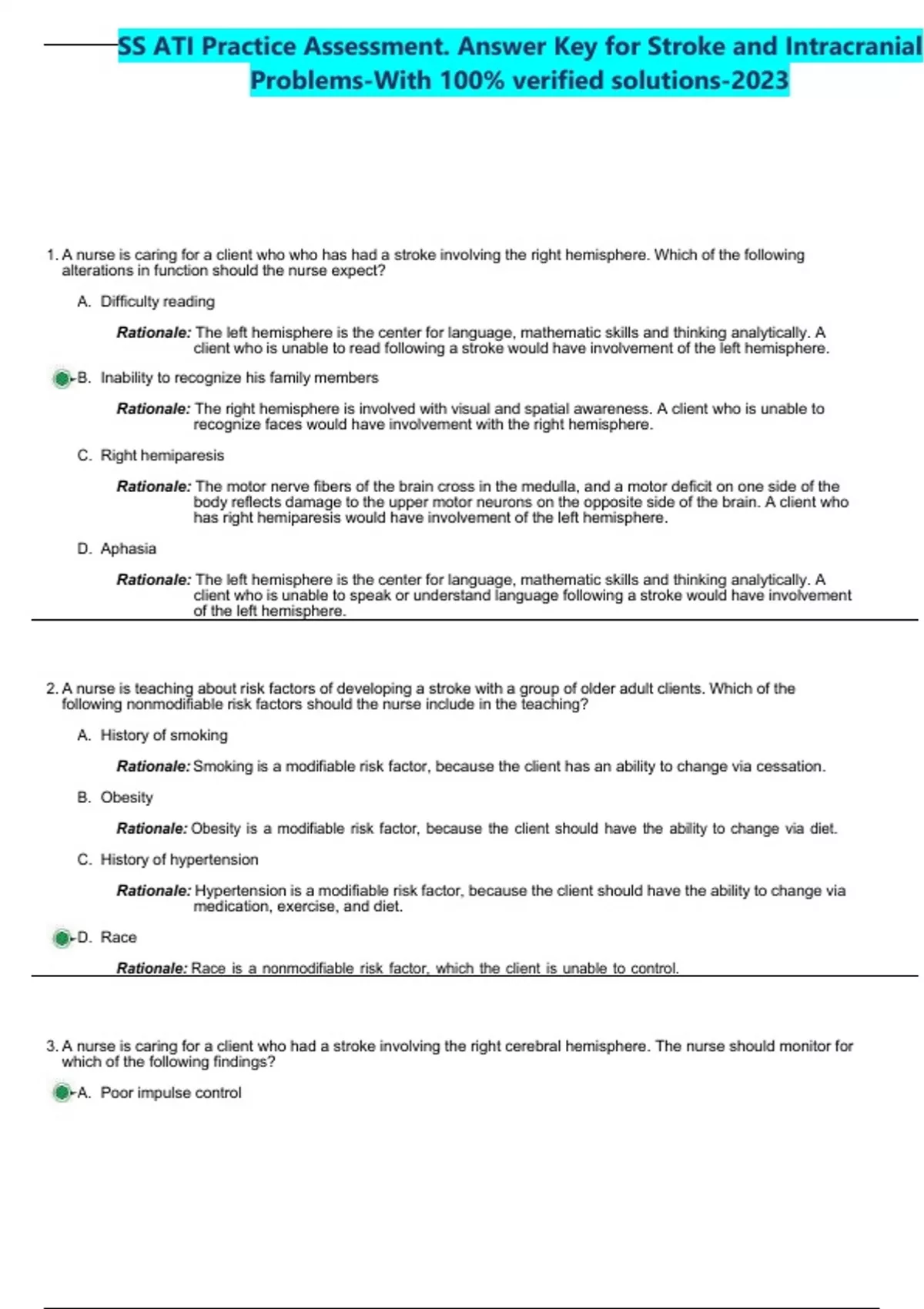 SS ATI Practice Assessment. Answer Key for Stroke and Intracranial ...