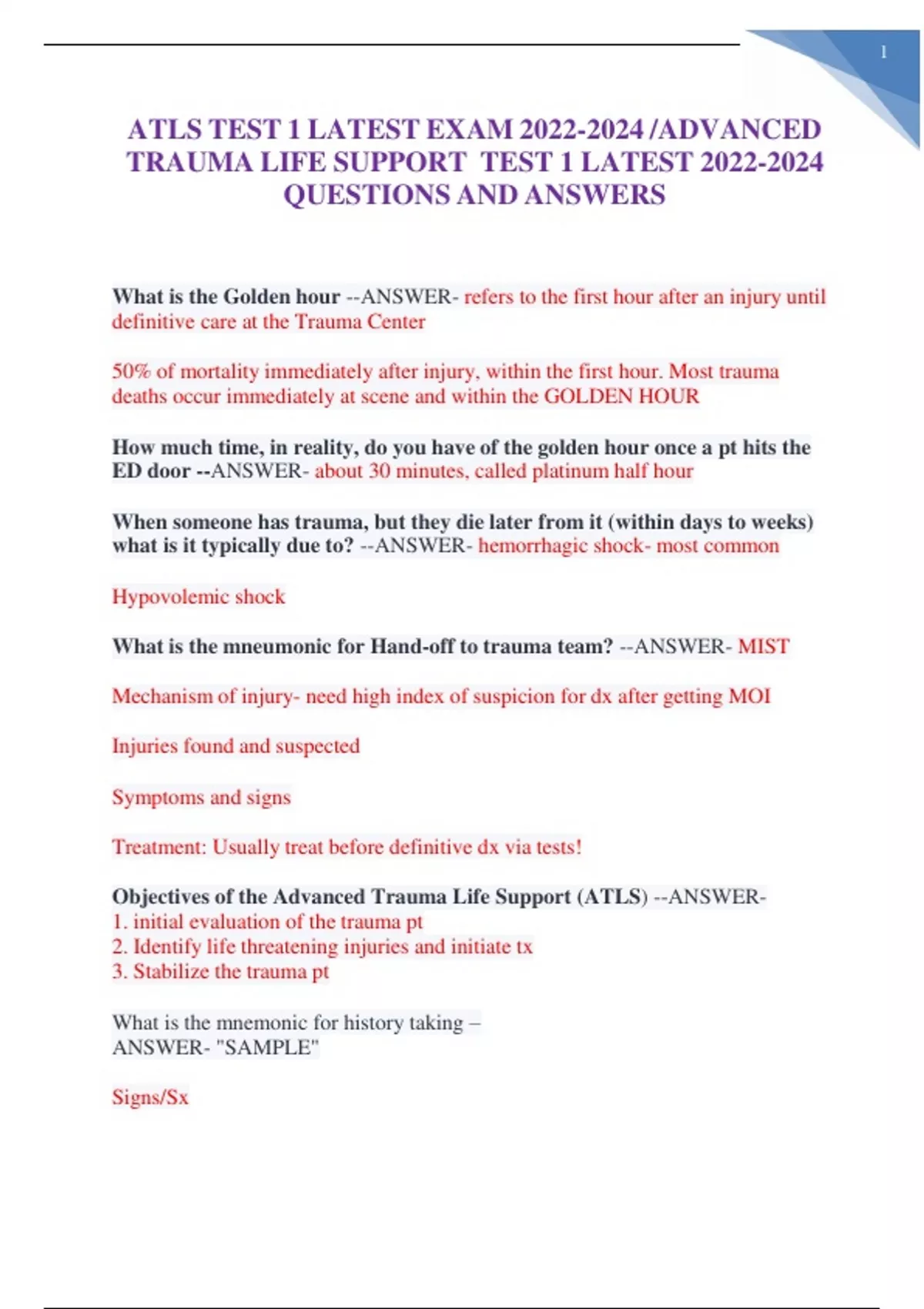 ATLS TEST 1 LATEST EXAM /ADVANCED TRAUMA LIFE SUPPORT TEST 1 LATEST ...