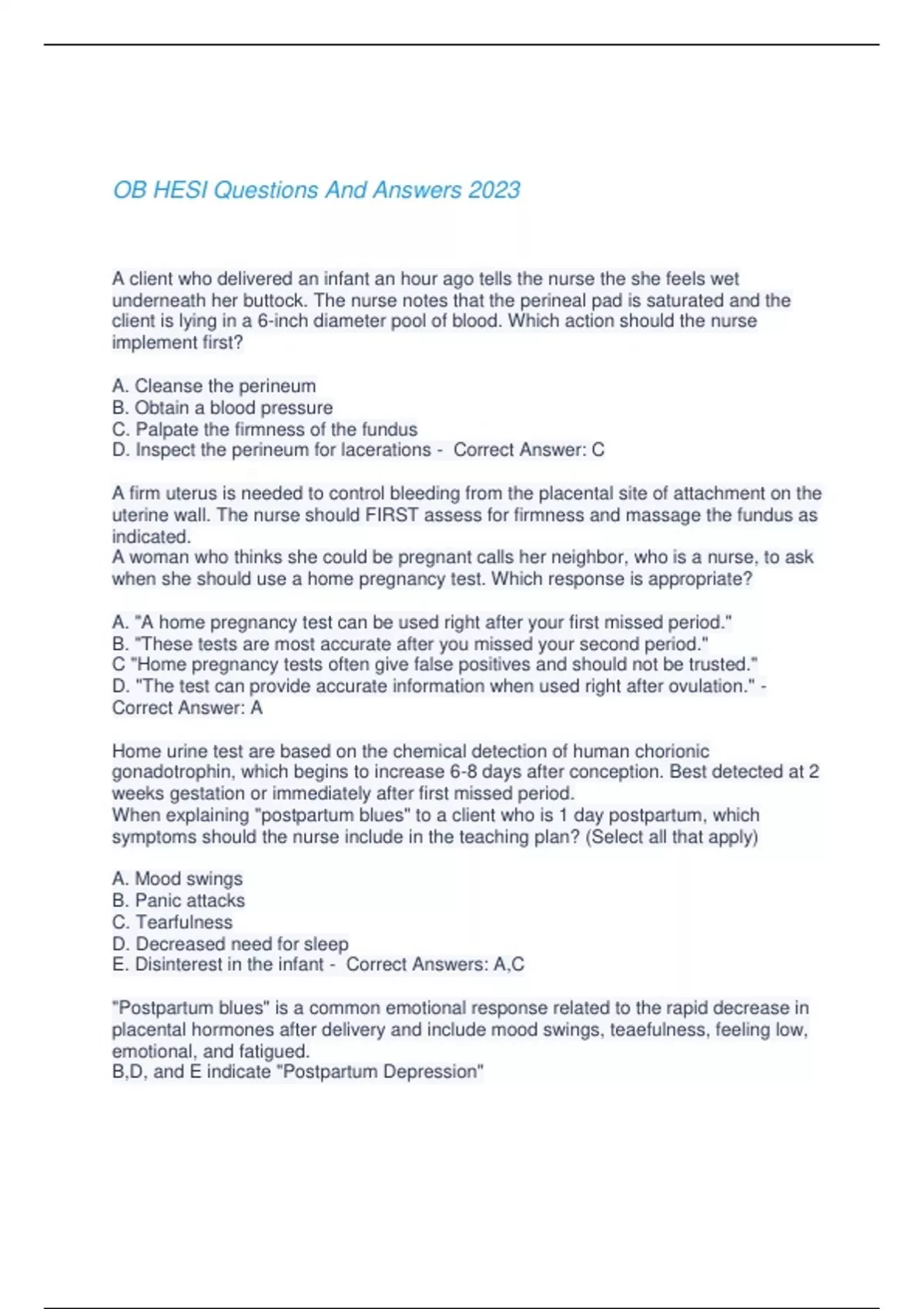 OB HESI Questions And Answers 2023 - OB HESI - Stuvia US