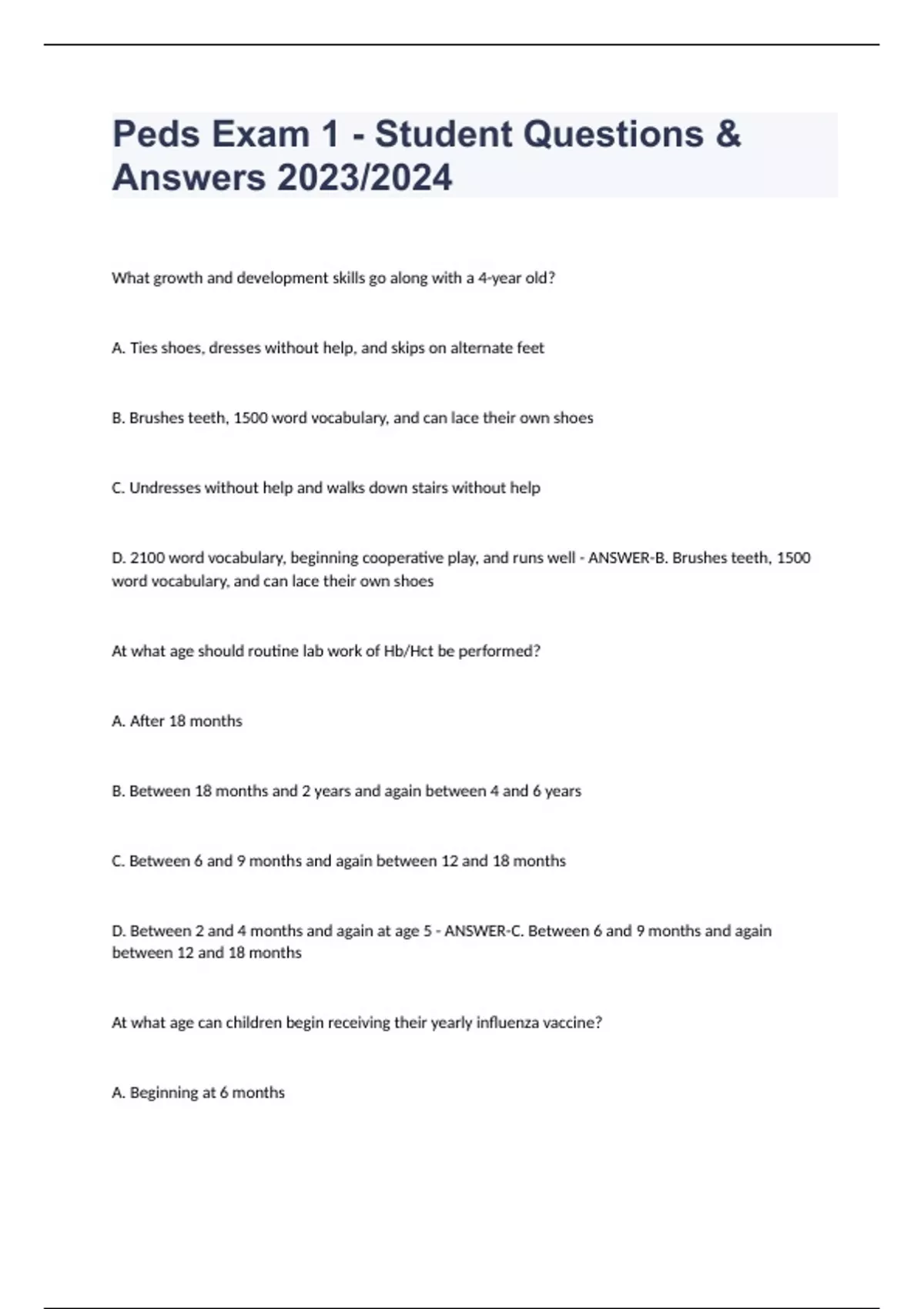 Peds Exam 1 - Student Questions & Answers 2023/2024 - Peds - Stuvia US
