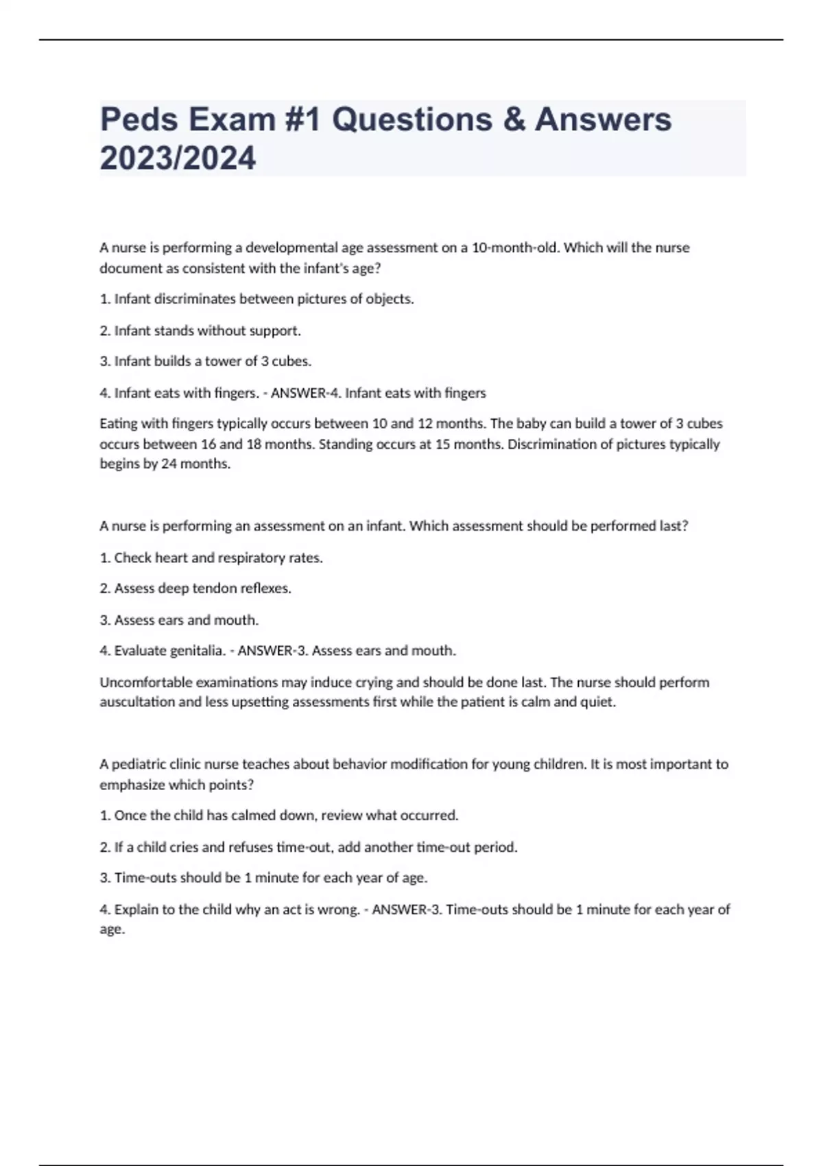 Peds Exam #1 Questions & Answers 2023/2024 - Peds - Stuvia US
