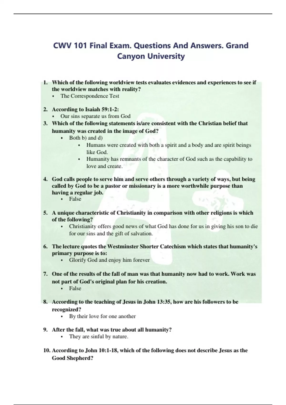 CWV 101 Final Exam. Questions And Answers. Grand Canyon University ...