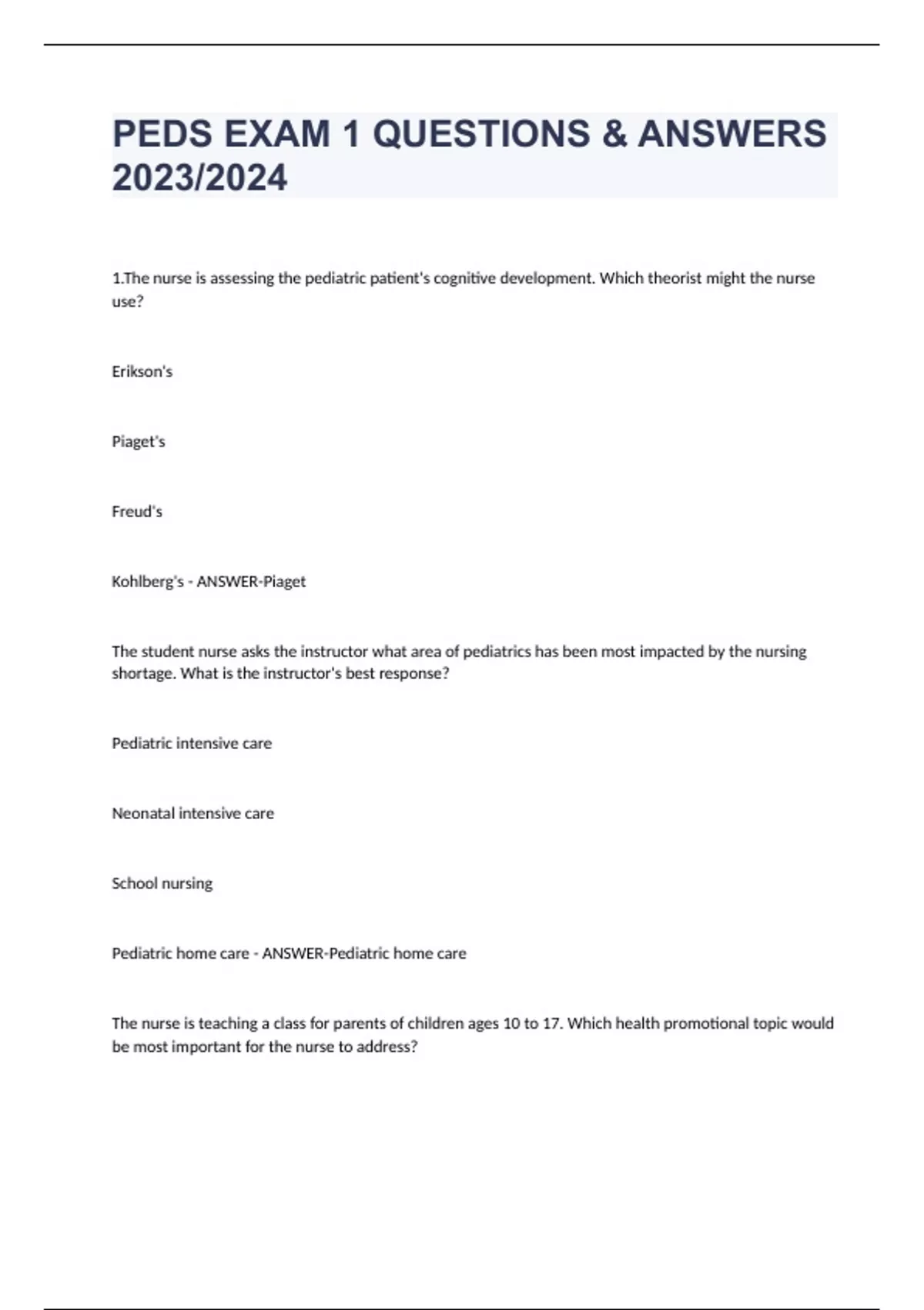 PEDS EXAM 1 QUESTIONS & ANSWERS 2023/2024 - PEDS - Stuvia US