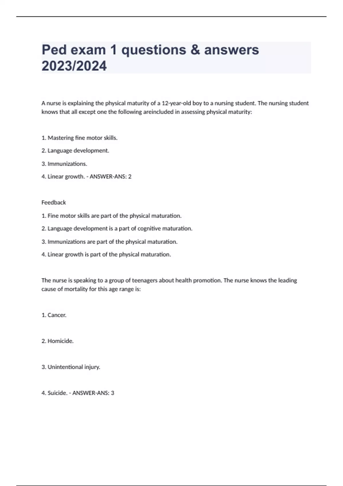 Ped exam 1 questions & answers 2023/2024 - Ped - Stuvia US