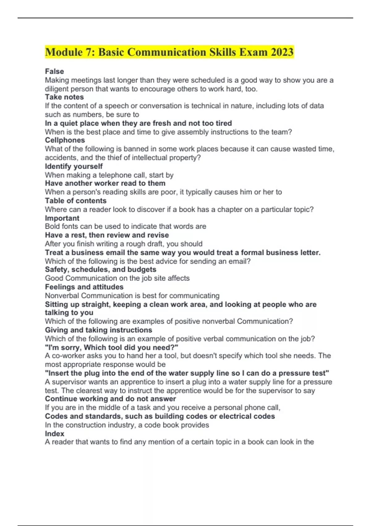 Module 7: Basic Communication Skills Exam 2023 - NCCER - Stuvia US