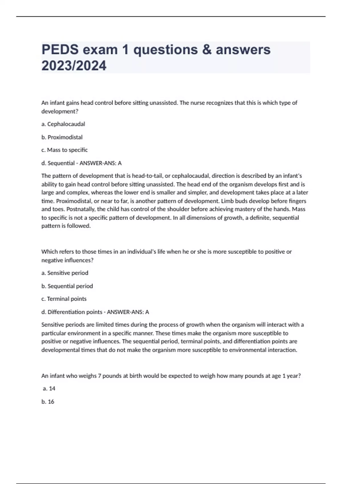 PEDS exam 1 questions & answers 2023/2024 - PEDS - Stuvia US