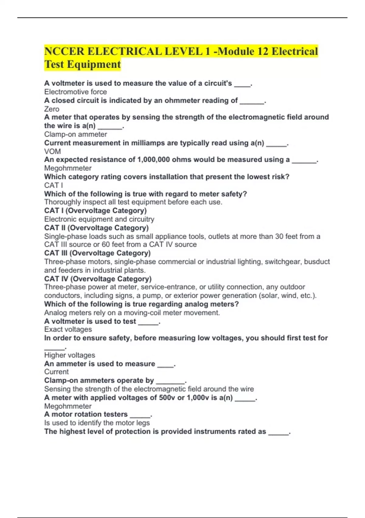 NCCER ELECTRICAL LEVEL 1 -Module 12 Electrical Test Equipment - NCCER ...