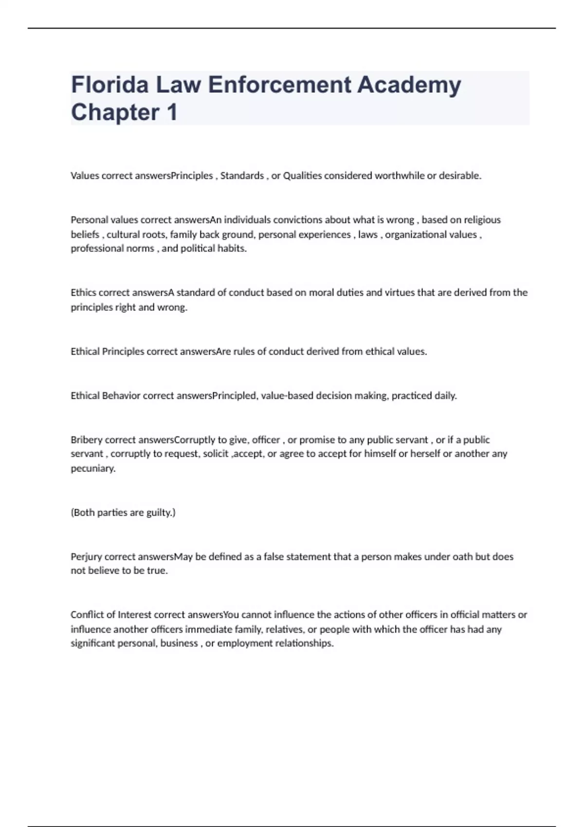 Florida Law Enforcement Academy Chapter 1 exam 2023 with correct ...