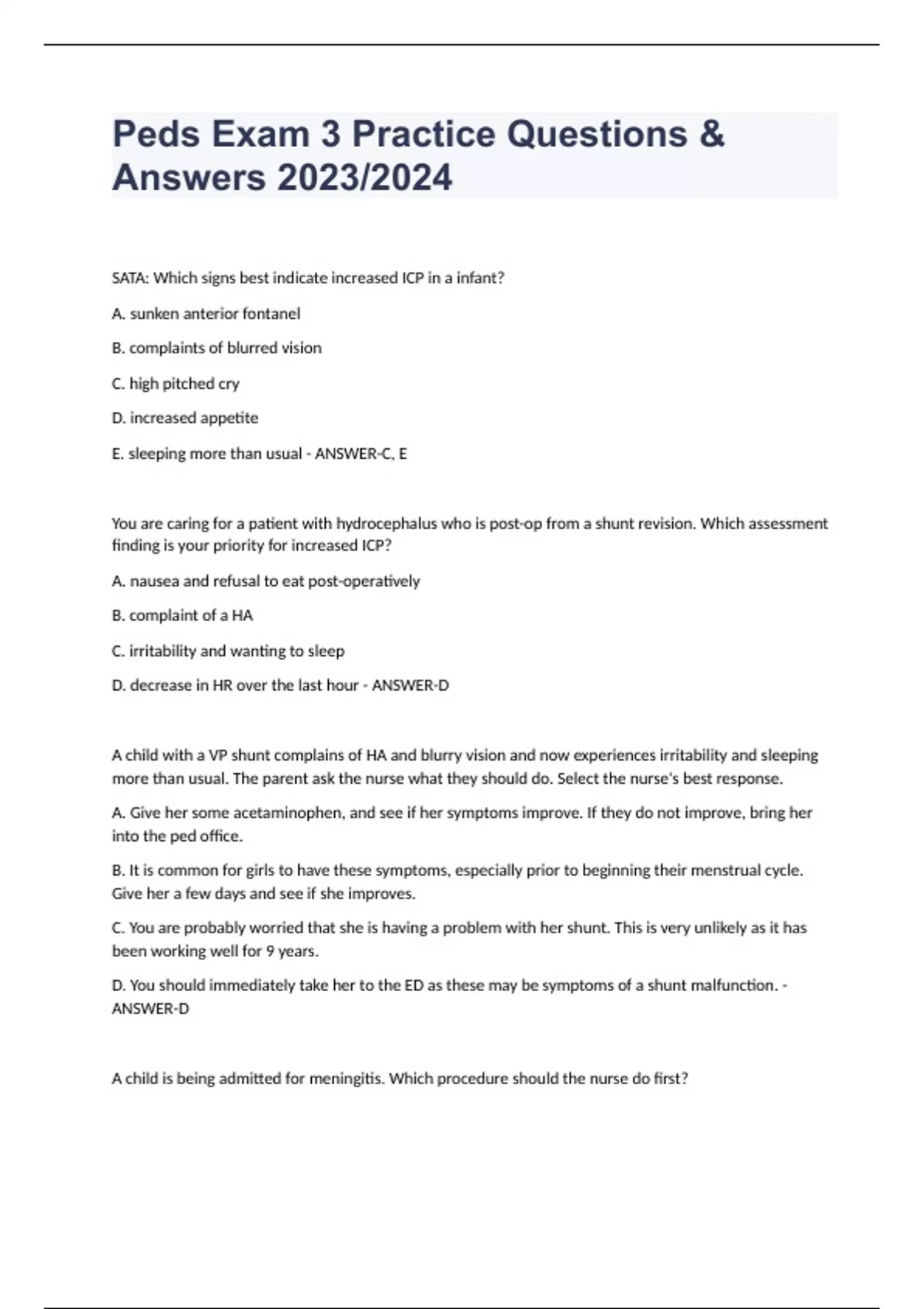 Peds Exam 3 Practice Questions & Answers 2023/2024 - Peds - Stuvia US