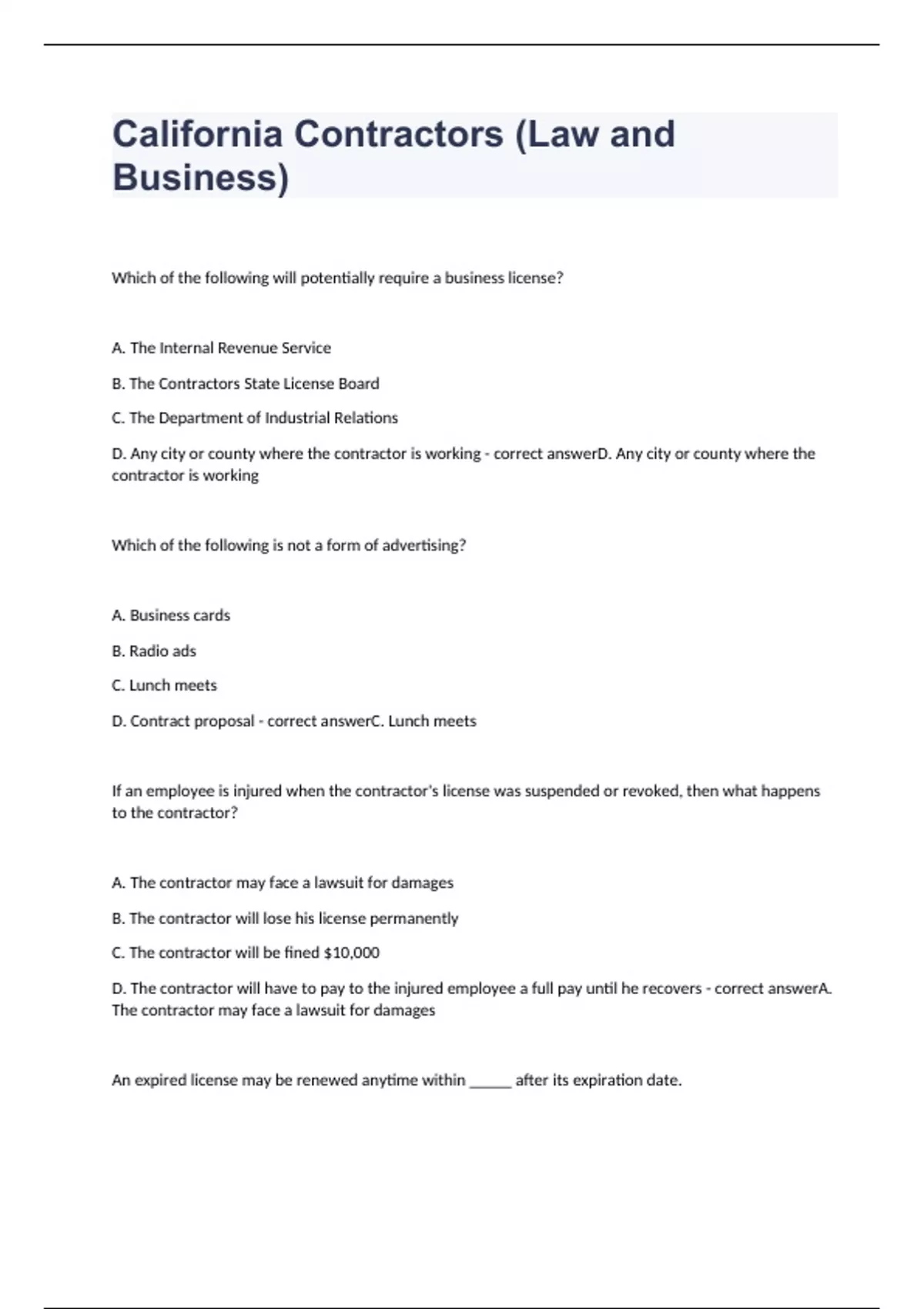 California Contractors (Law and Business) exam 2023 with 100% correct ...