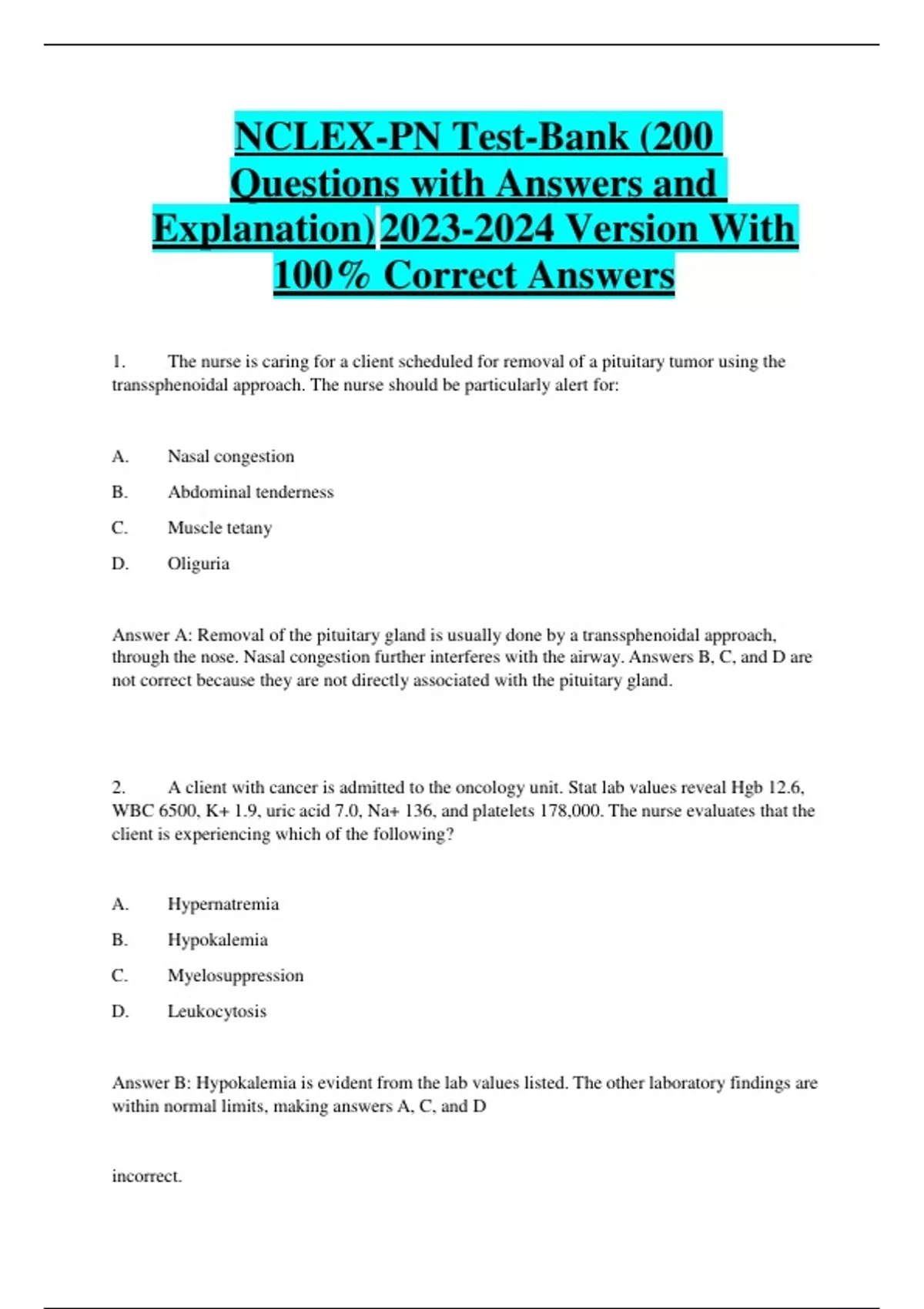NCLEX-PN Test-Bank (200 Questions with Answers and Explanation) Version ...