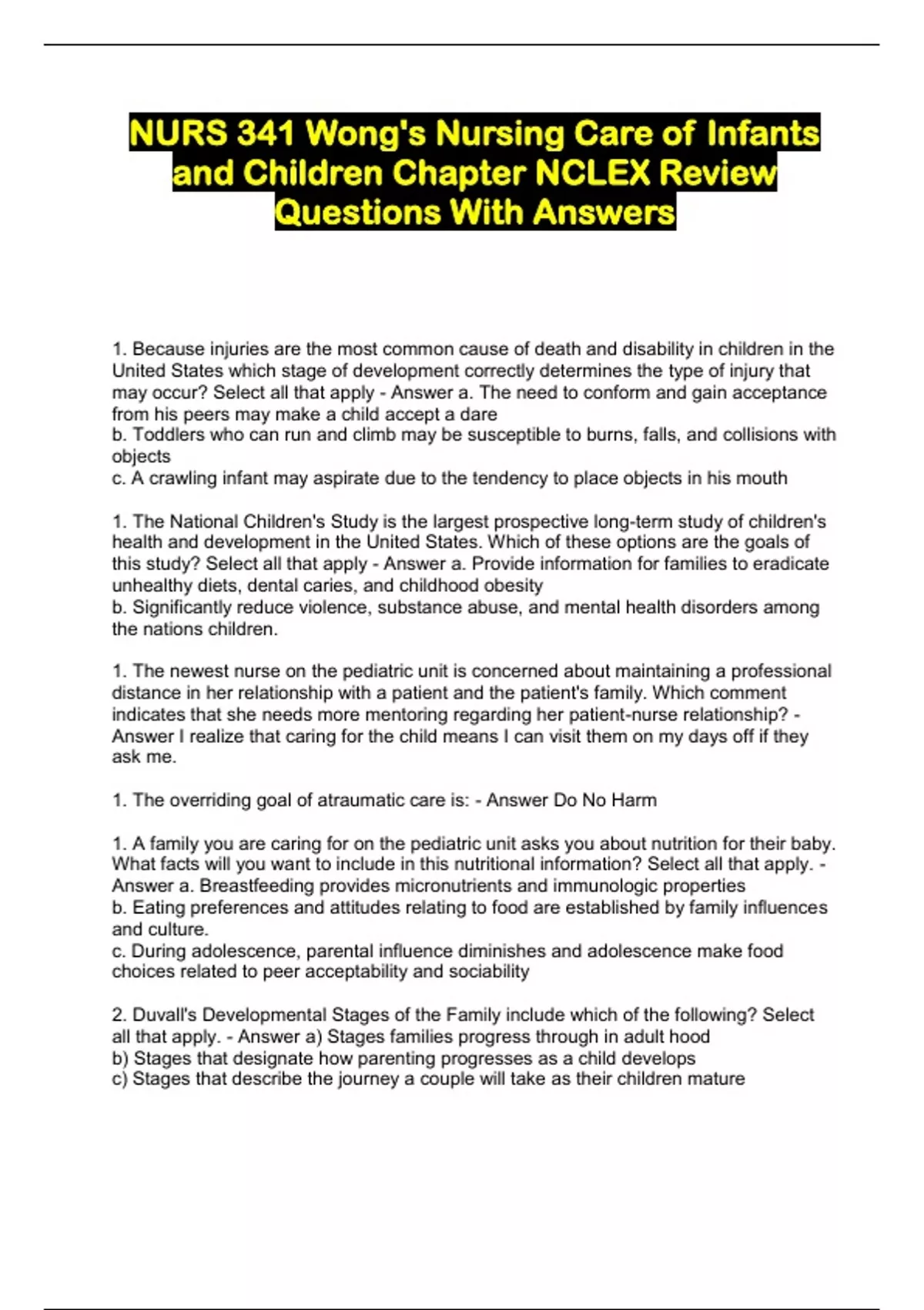 NURS 341 Wong's Nursing Care of Infants and Children Chapter NCLEX Review Questions With Answers ...