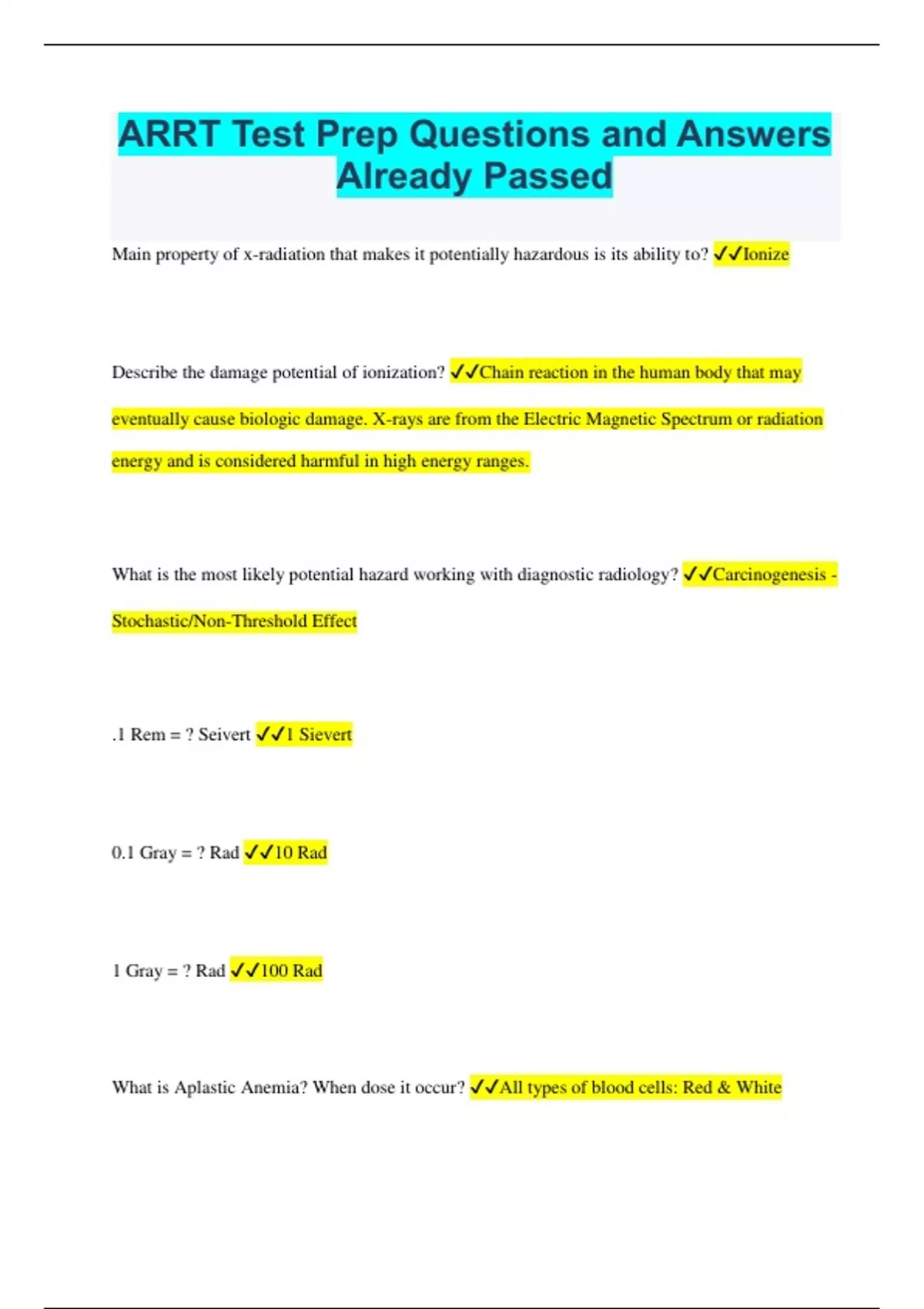 ARRT Test Prep (Latest 2025/ 2026 Update) Questions and Verified ...