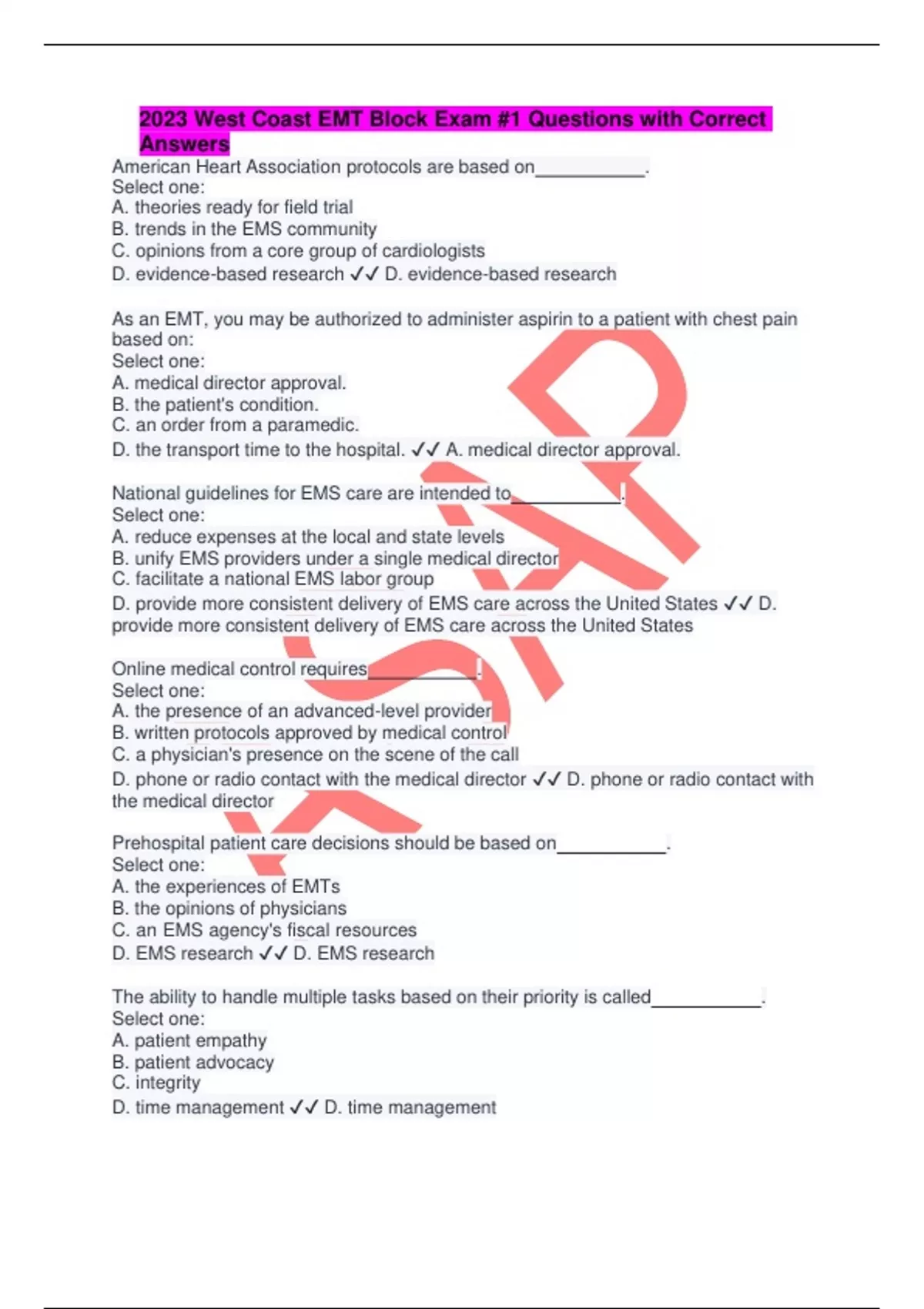 2023 West Coast EMT Block Exam #1 Questions with Correct Answers - West ...