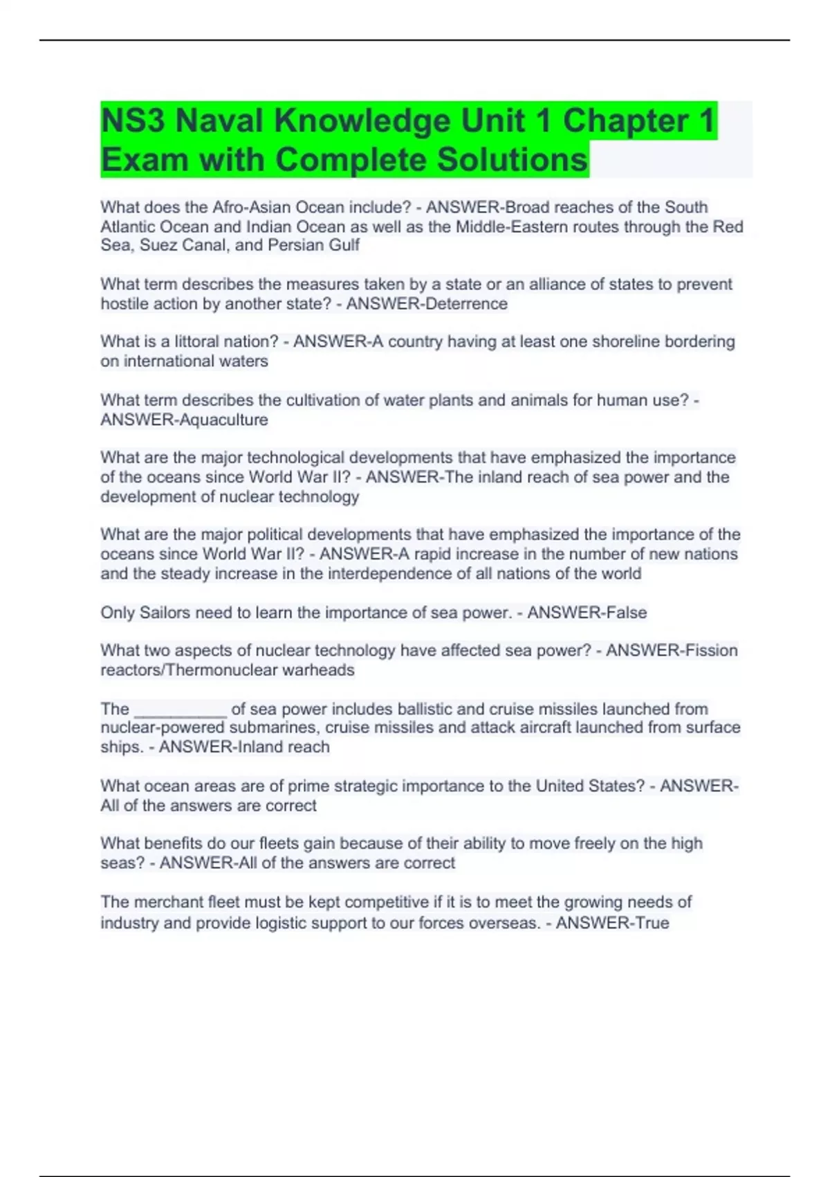 NS3 Naval Knowledge Unit 1 Chapter 1 Exam with Complete Solutions - NS3 Naval Knowledge - Stuvia US