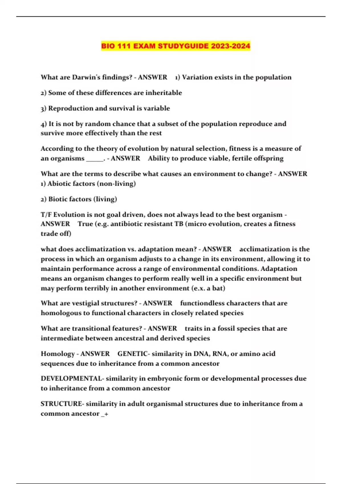 BIO 111 EXAM STUDYGUIDE - BIO 111 - Stuvia US