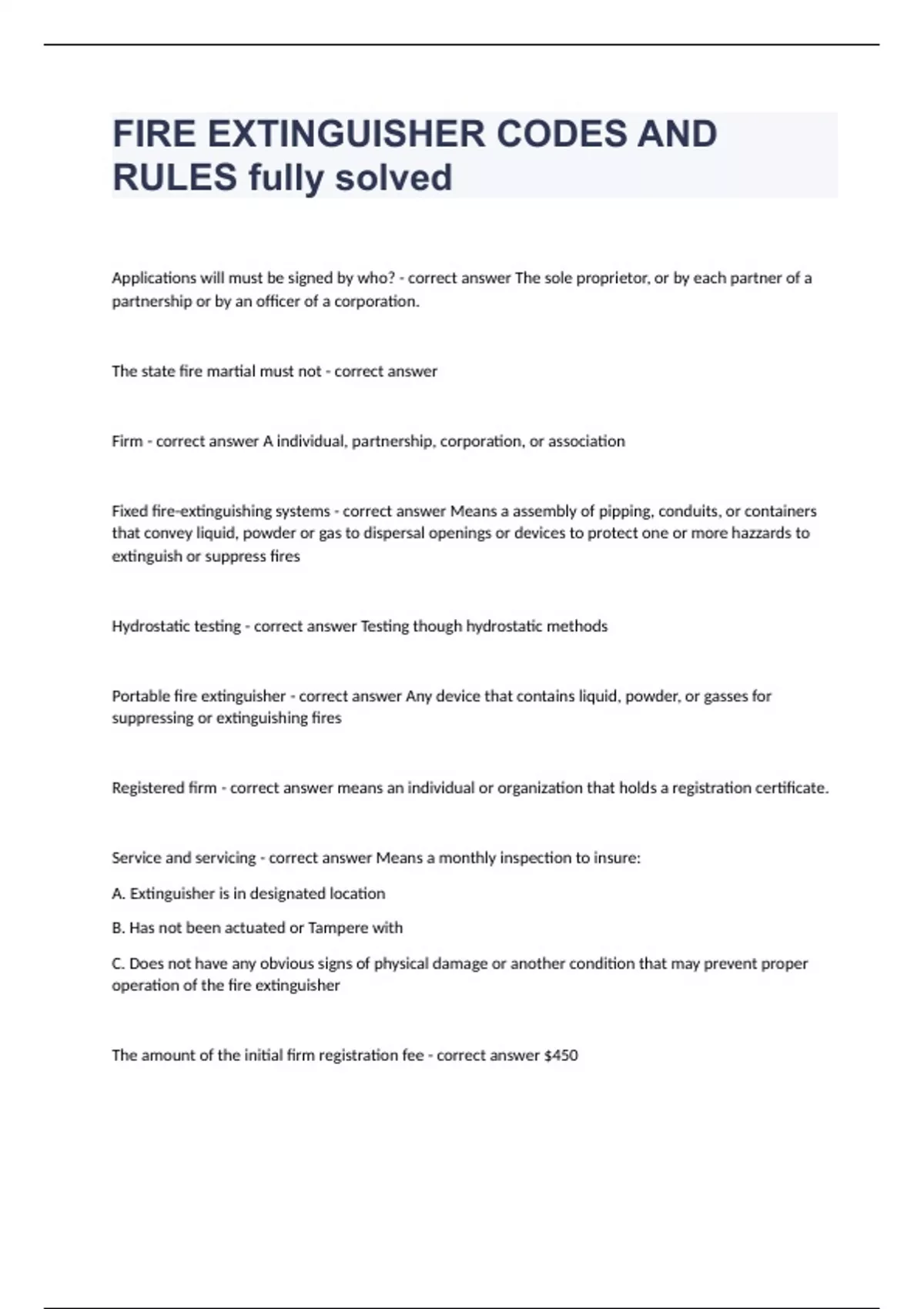 FIRE EXTINGUISHER CODES AND RULES fully solved 2023 updated - Fire ...