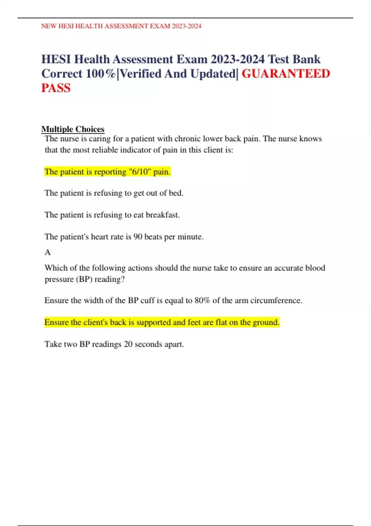 HESI Health Assessment Exam Test Bank Correct 100%|Verified And Updated ...