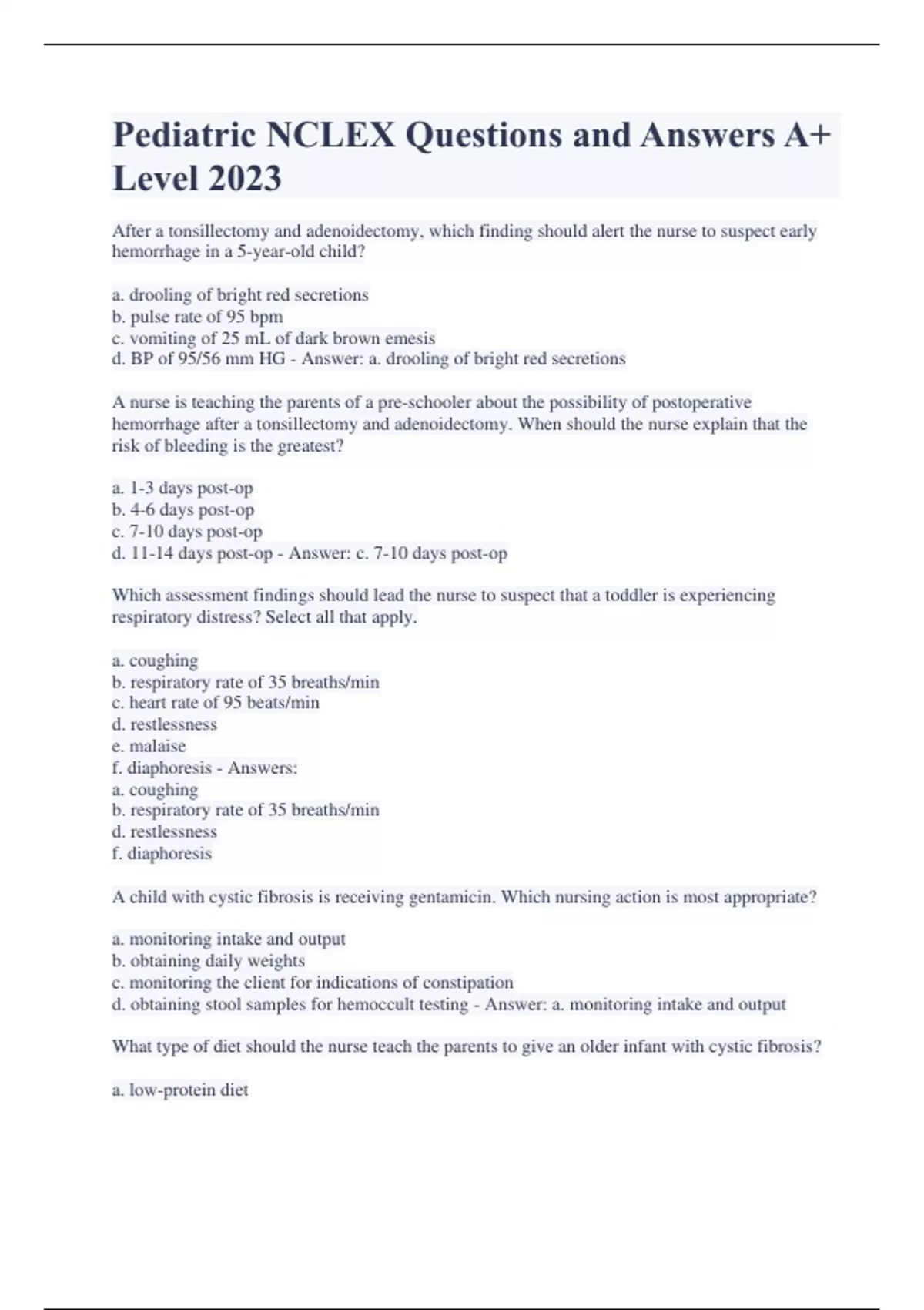 Pediatric NCLEX Questions and Answers A+ Level 2023 - Pediatric NCLEX ...