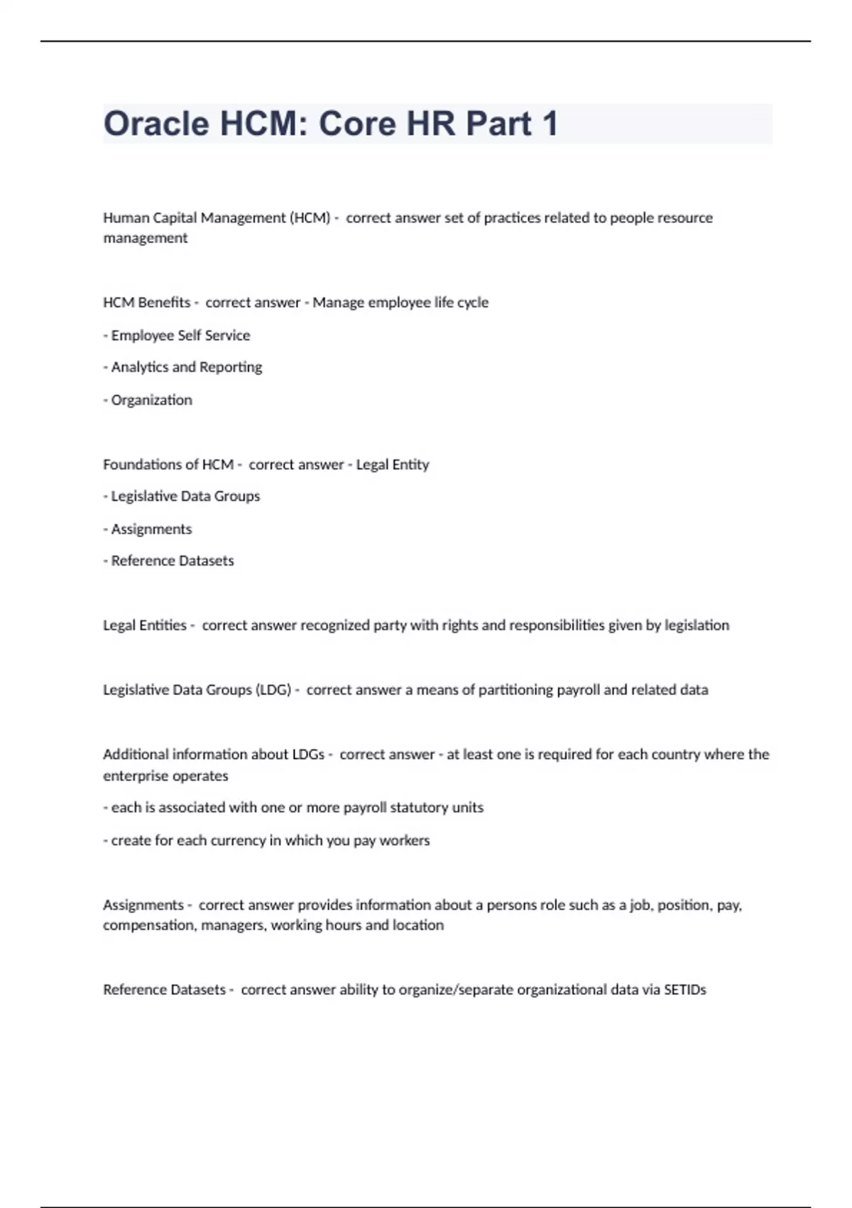 Oracle HCM Core HR Part 1 question n answers graded A+ 2023 - HCM ...