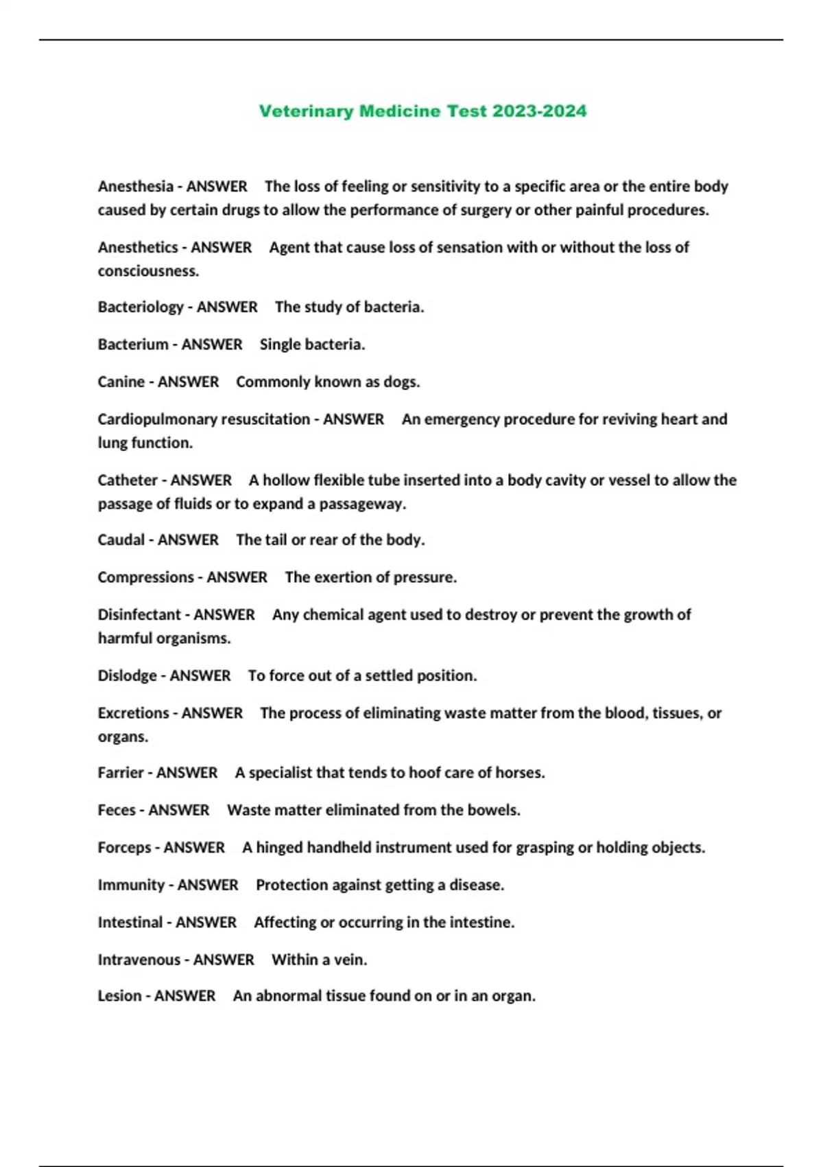 Veterinary Medicine Test - Veterinary Medicine - Stuvia US