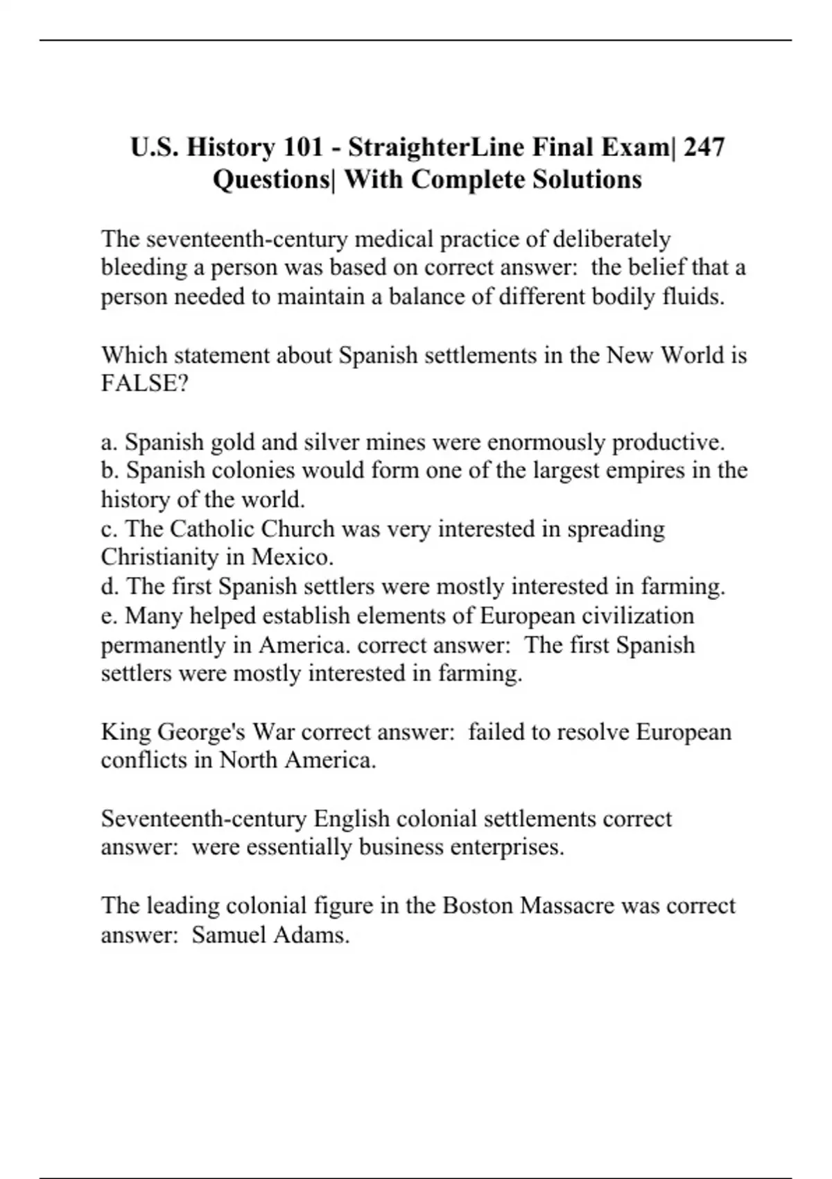 U.S. History 101 - StraighterLine Final Exam| 247 Questions| With ...