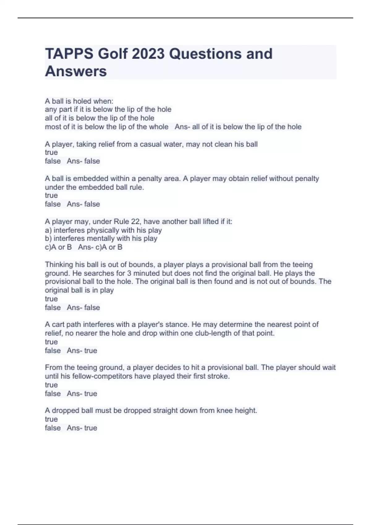 TAPPS Golf 2023 Questions and Answers - TAPPS - Stuvia US