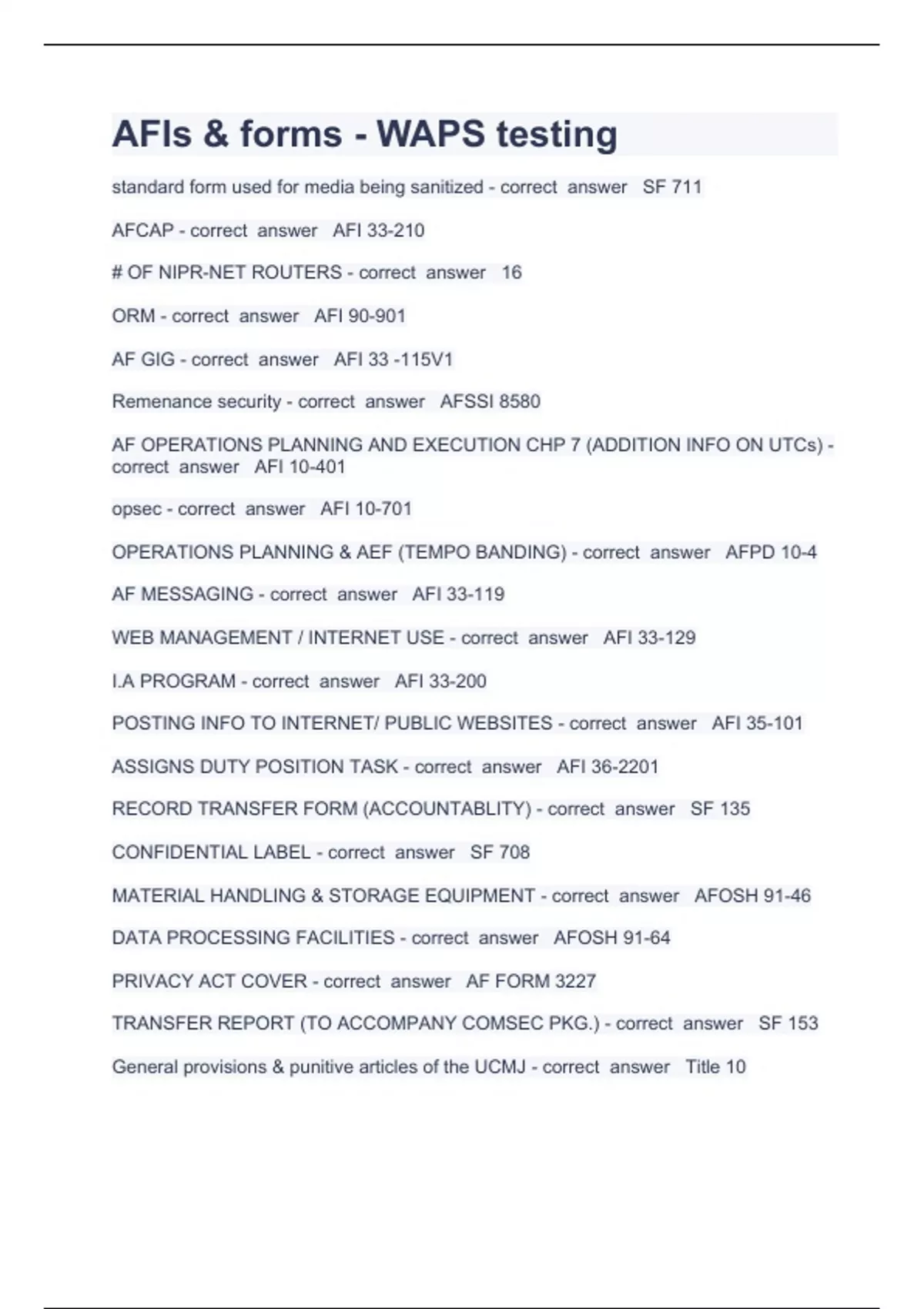 AFIs Question and answers correctly solved 2023 - WAPS - Stuvia US