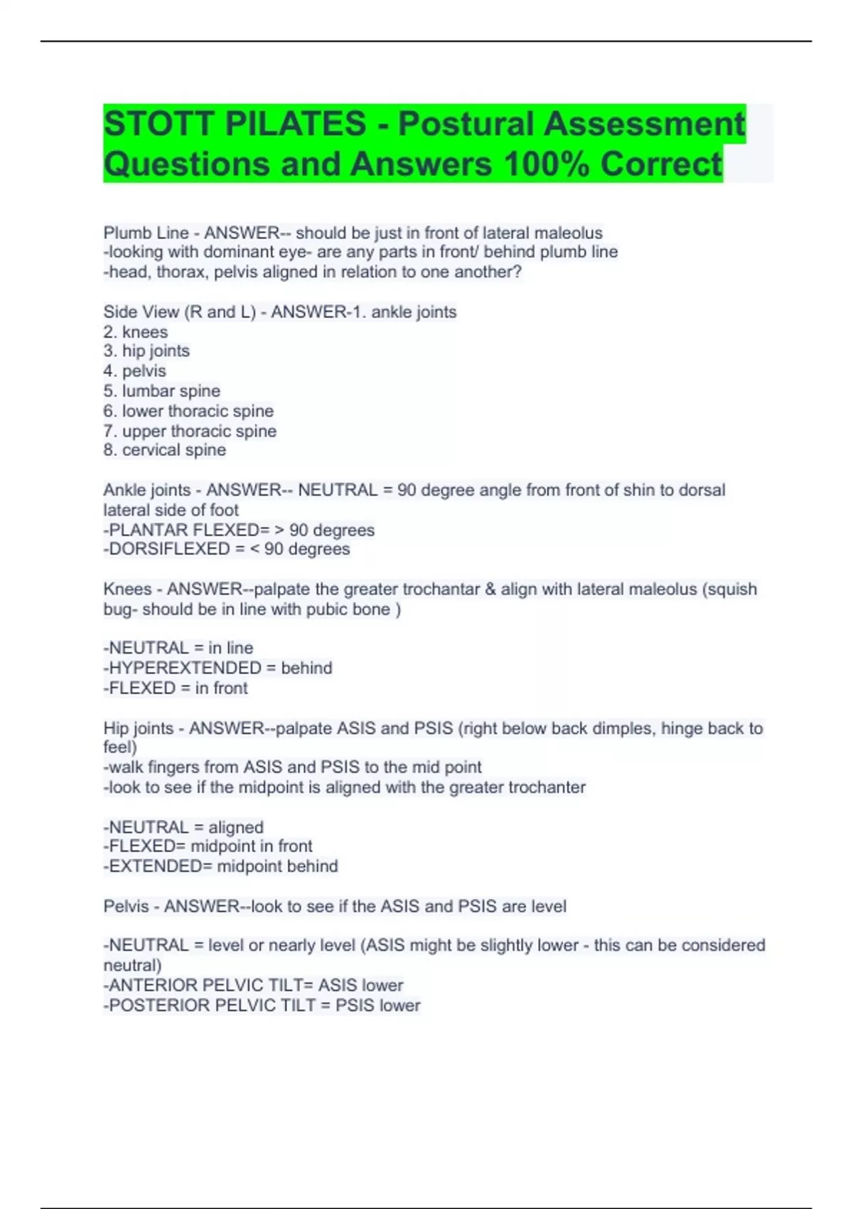 STOTT PILATES - Postural Assessment Questions and Answers 100% Correct ...