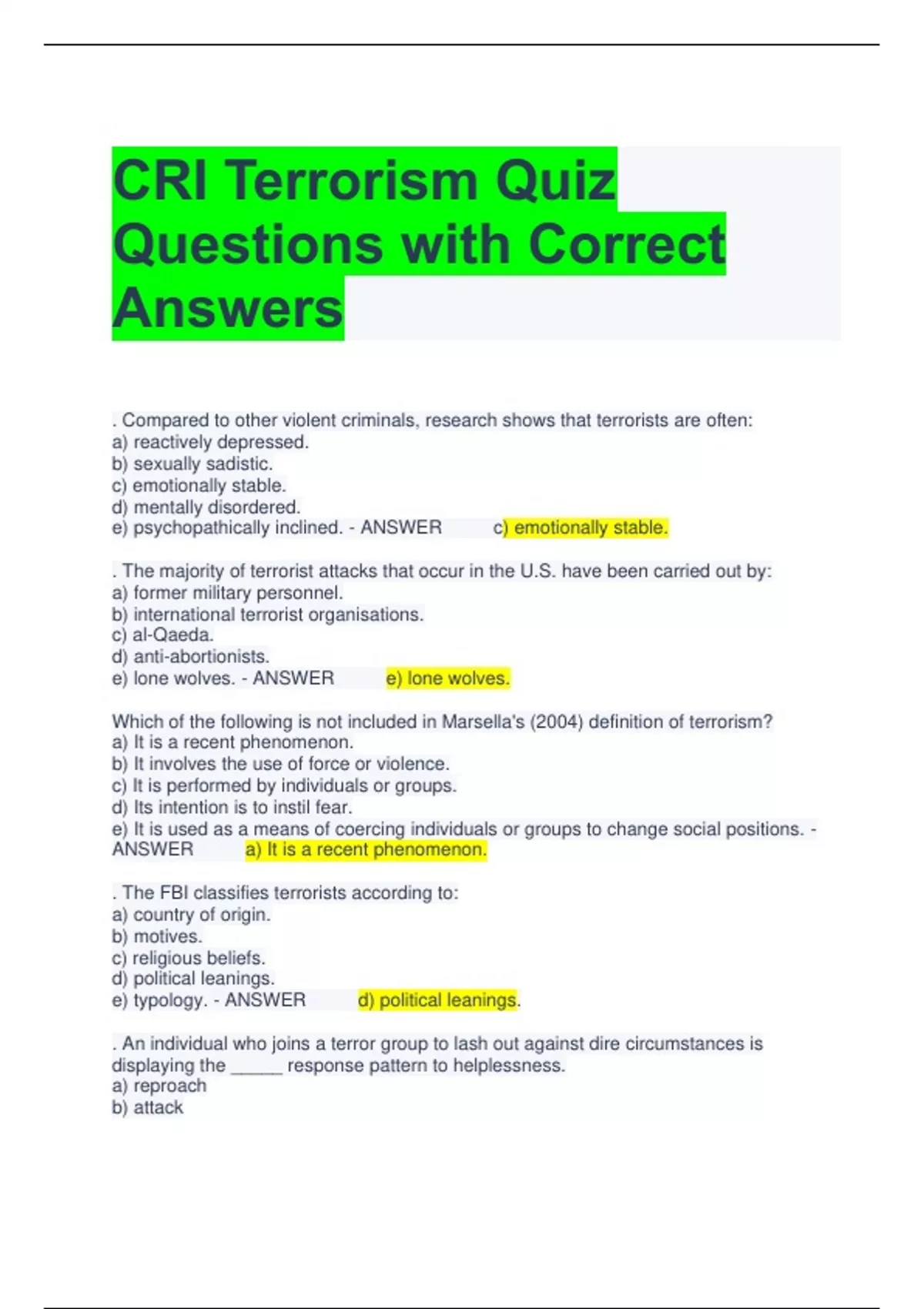 CRI Terrorism Quiz Questions with Correct Answers - CRI Terrorism ...