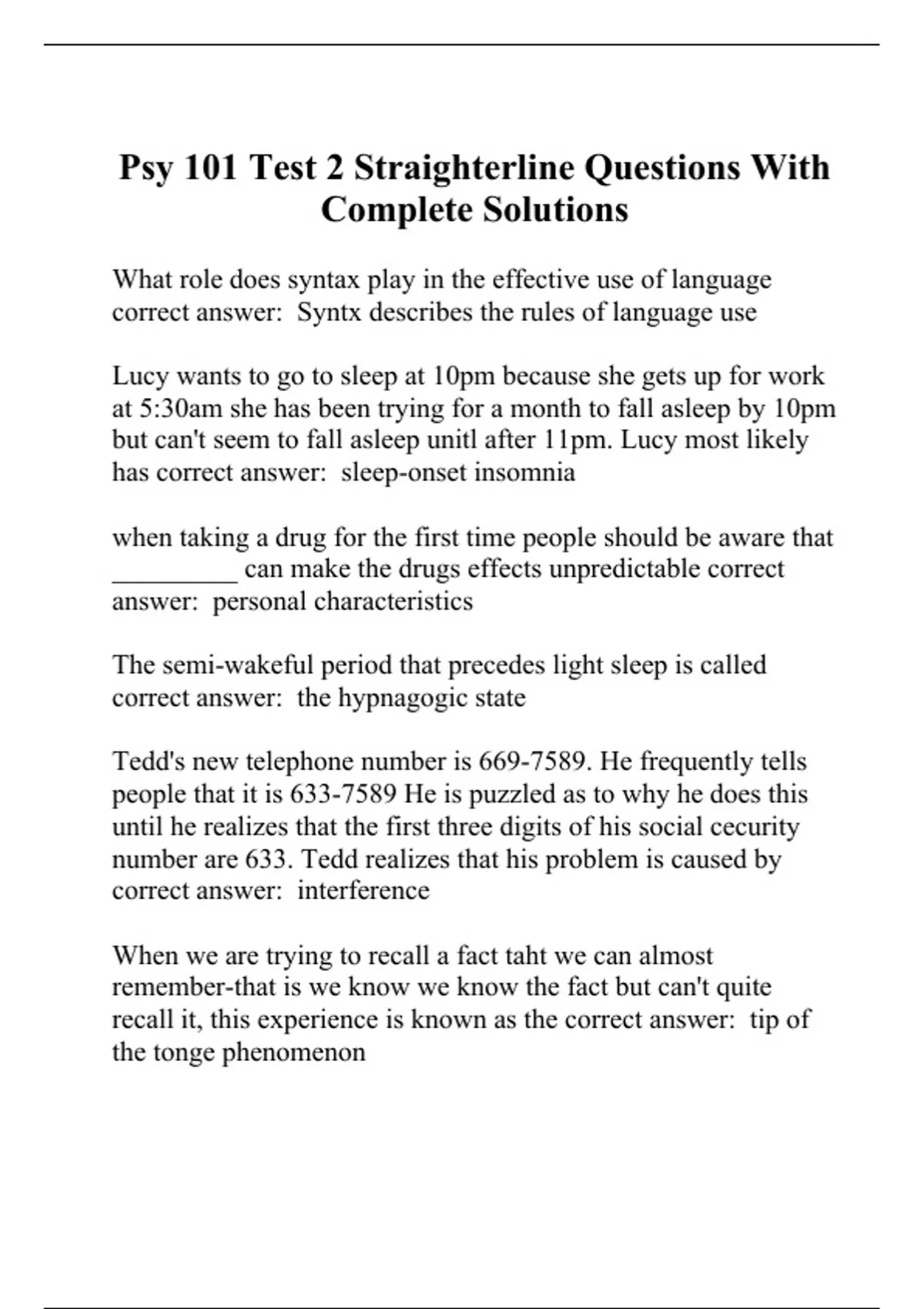 Psy 101 Test 2 Straighterline Questions With Complete Solution ...