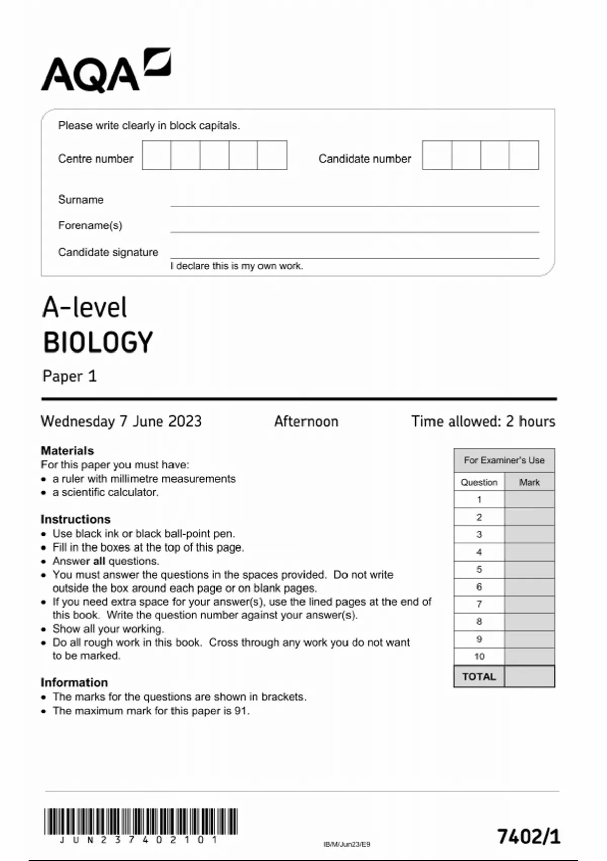 AQA A LEVEL BIOLOGY PAPER 1 2023 QUESTION PAPER AND MARK SCHEME BUNDLE ...