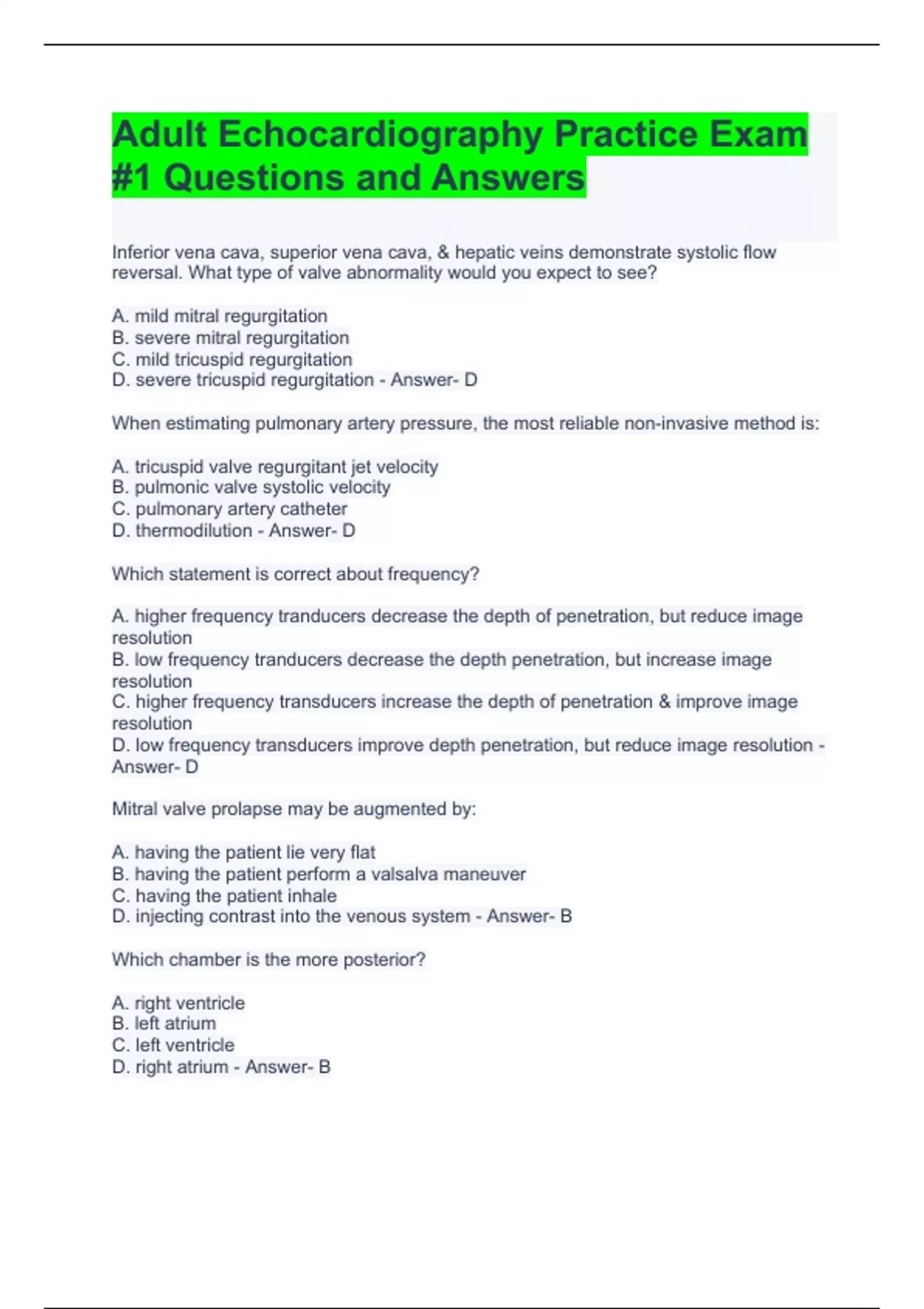 Adult Echocardiography Practice Exam #1 Questions and Answers - Adult Echocardiography - Stuvia US