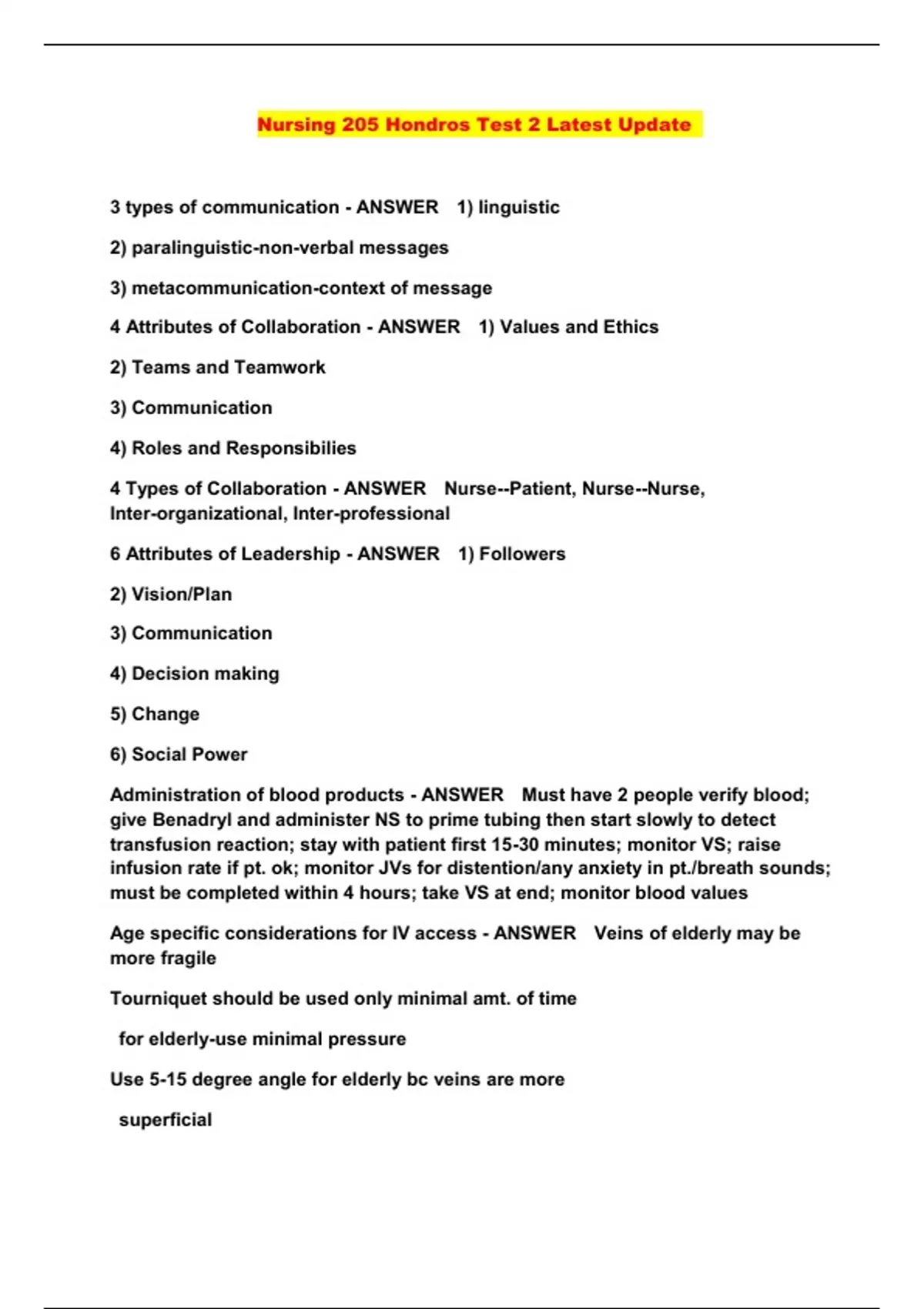 Nursing 205 Hondros Test 2 Latest Update - Nursing 205 Hondros - Stuvia US