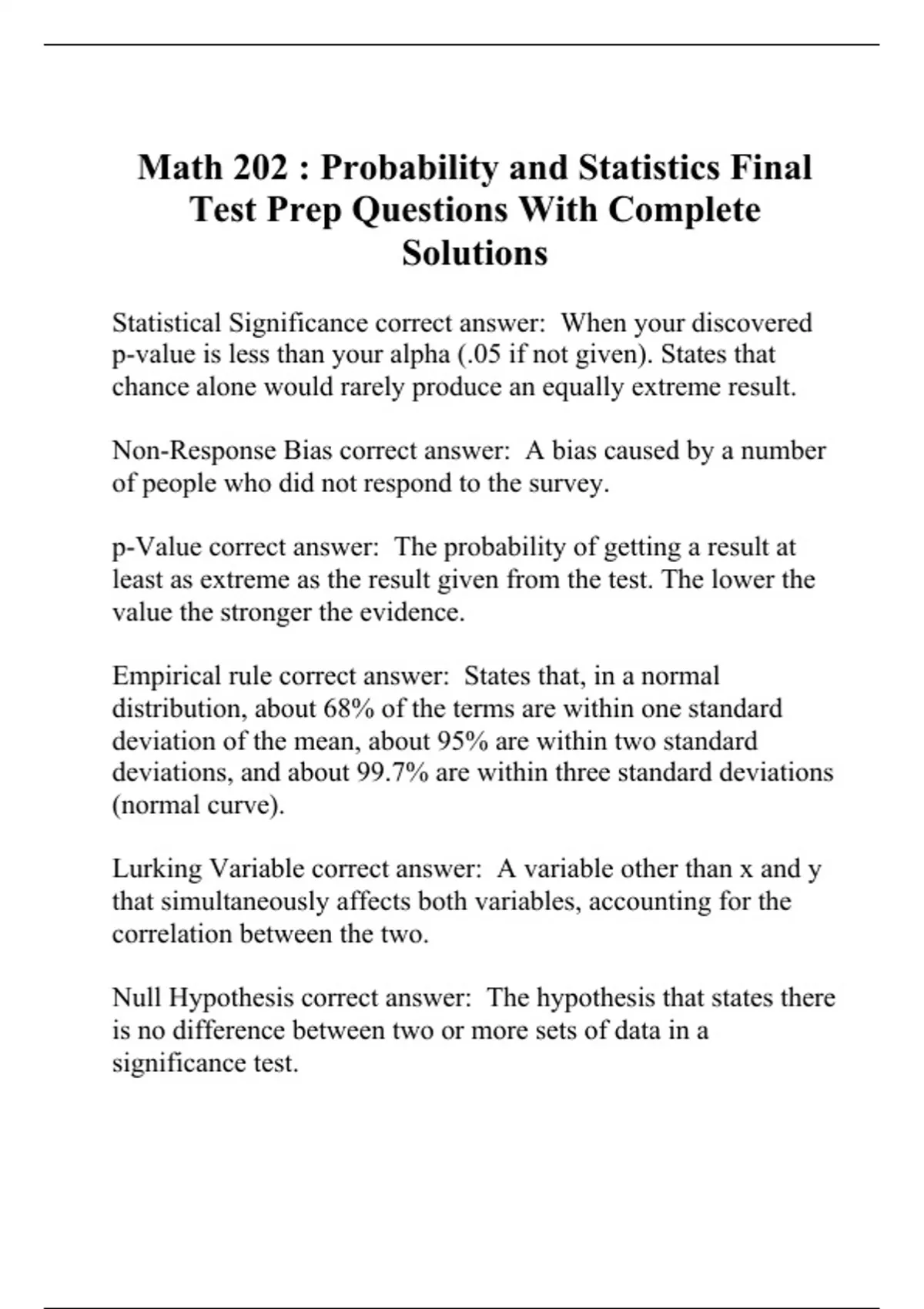 Math 202 : Probability and Statistics Final Test Prep Questions With ...